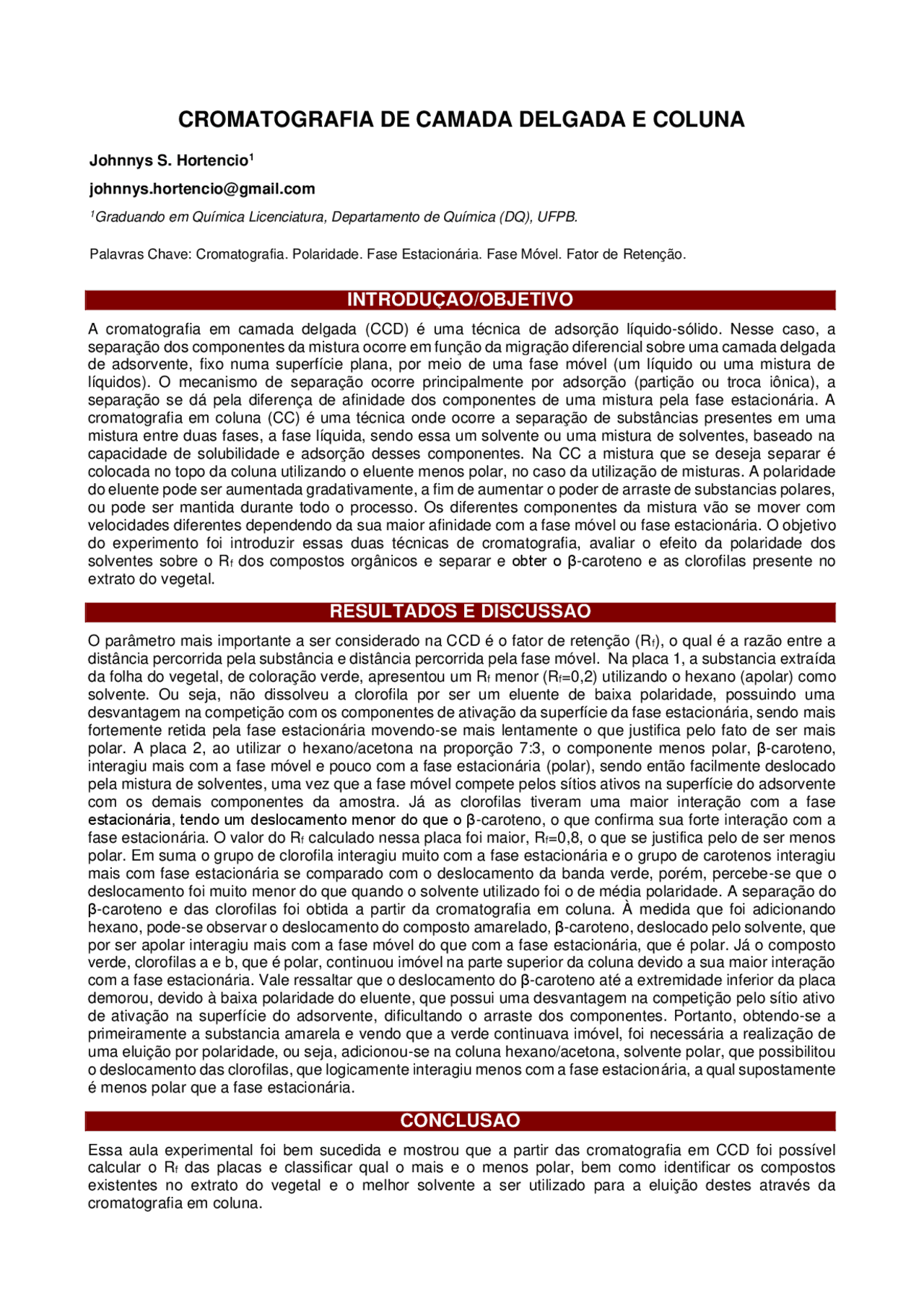 Cromatografia Em Camada Delgada E Em Coluna Docsity