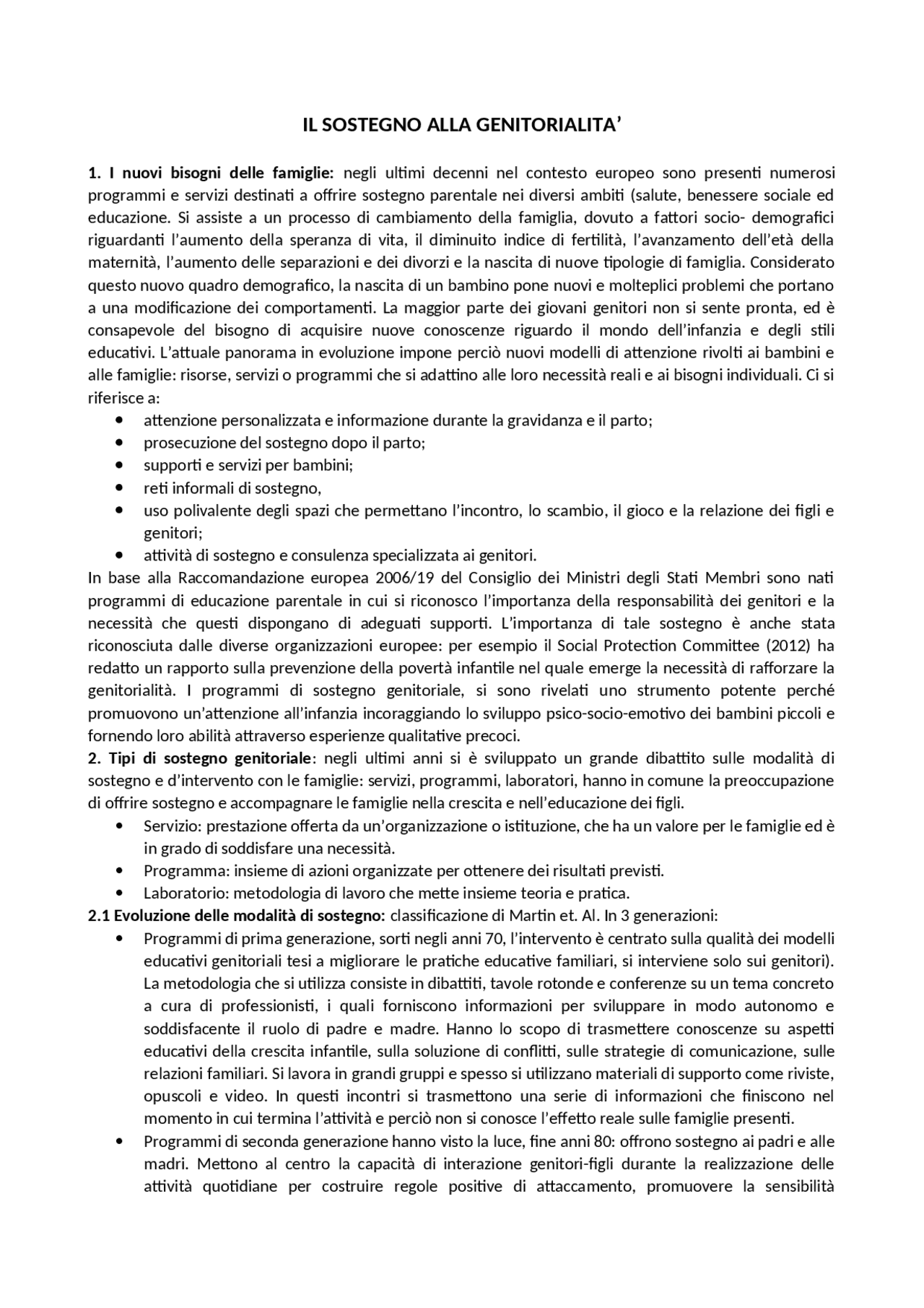 Riassunto Il Sostegno Alla Genitorialità Docsity