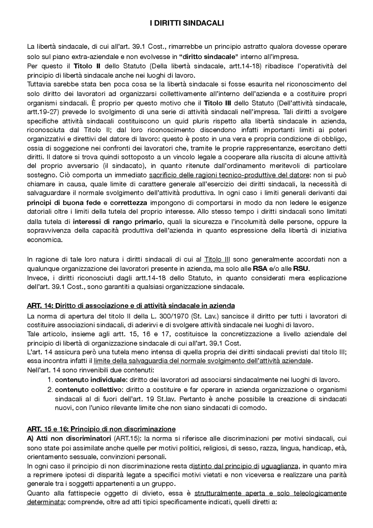 Riassunto Sui Diritti Sindacali Docsity