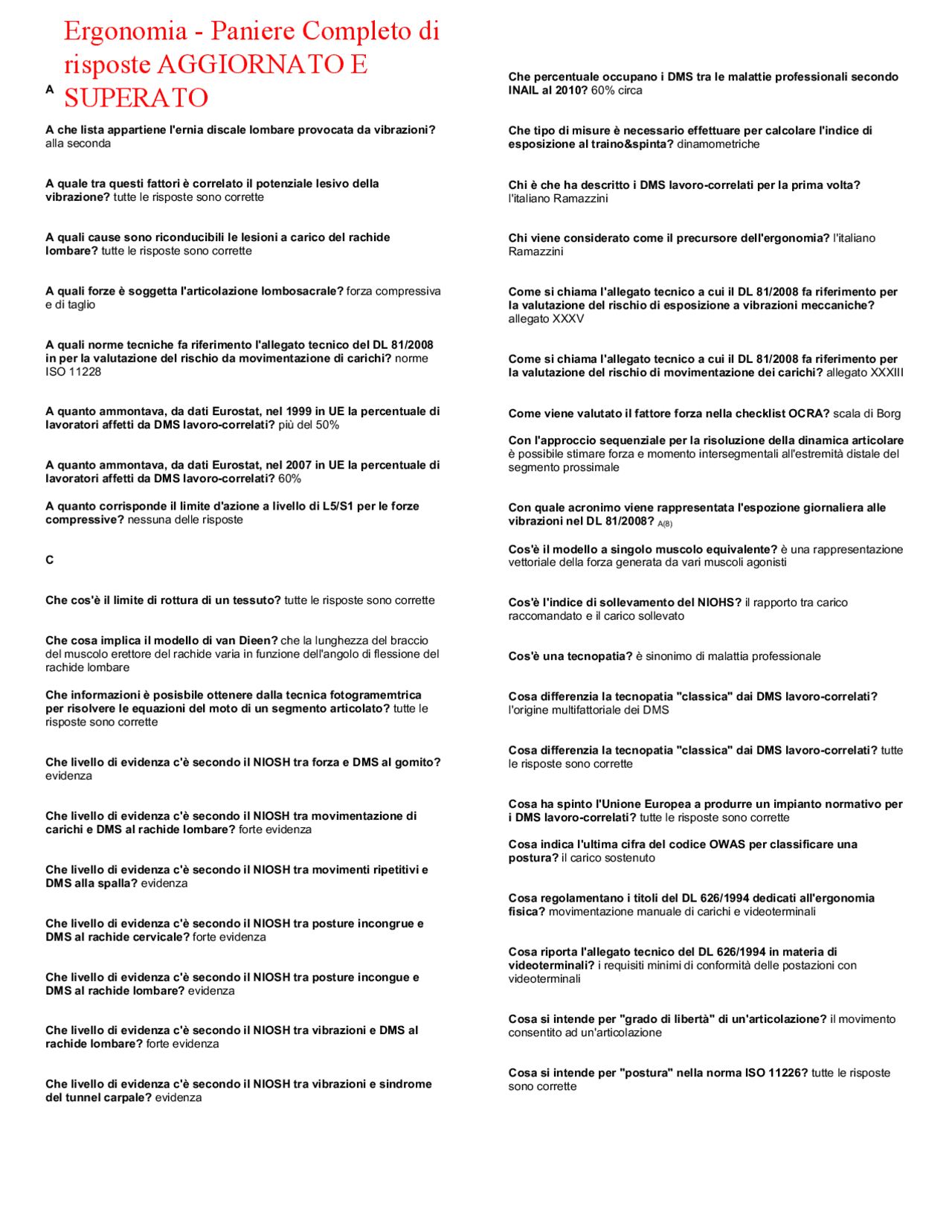 Ergonomia Paniere Completo Di Risposte Aggiornato E Superato
