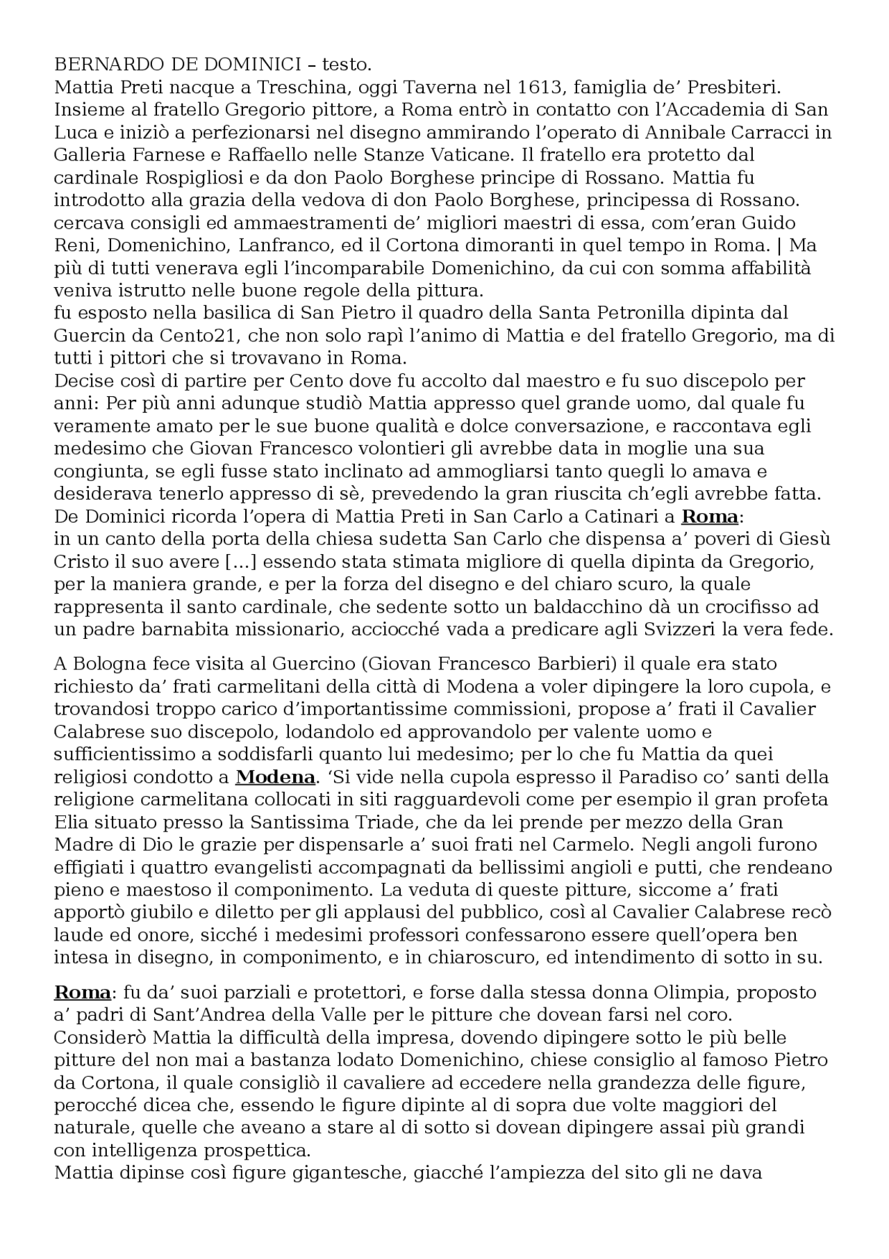 Bernardo De Dominici Vite De Pittori Mattia Preti Docsity