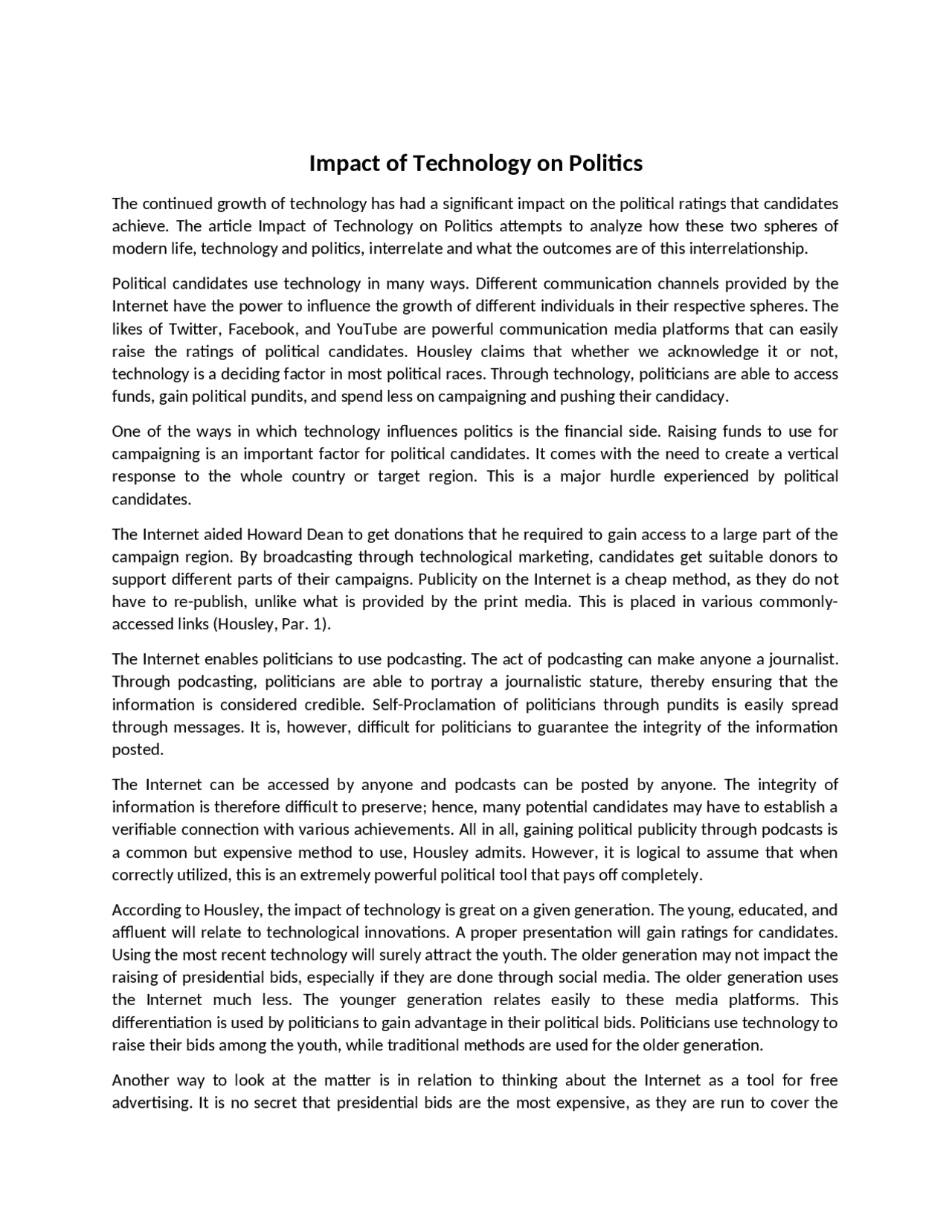 IMPACT OF TECHNOLOGY ON POLITICS | Essays (high school) English | Docsity