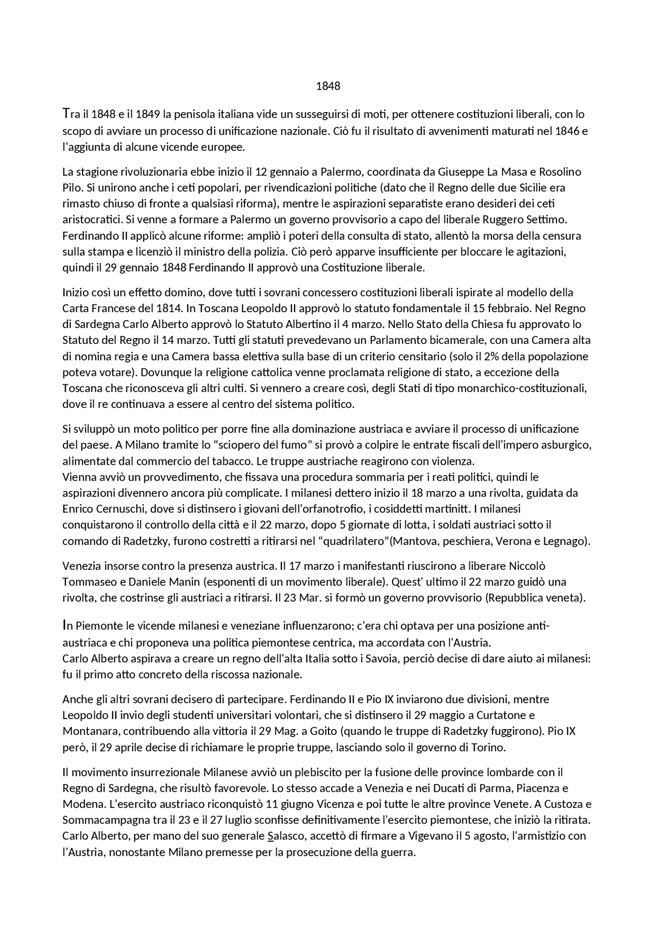 Riassunto Della Storia Dei Moti Del 1848 Docsity