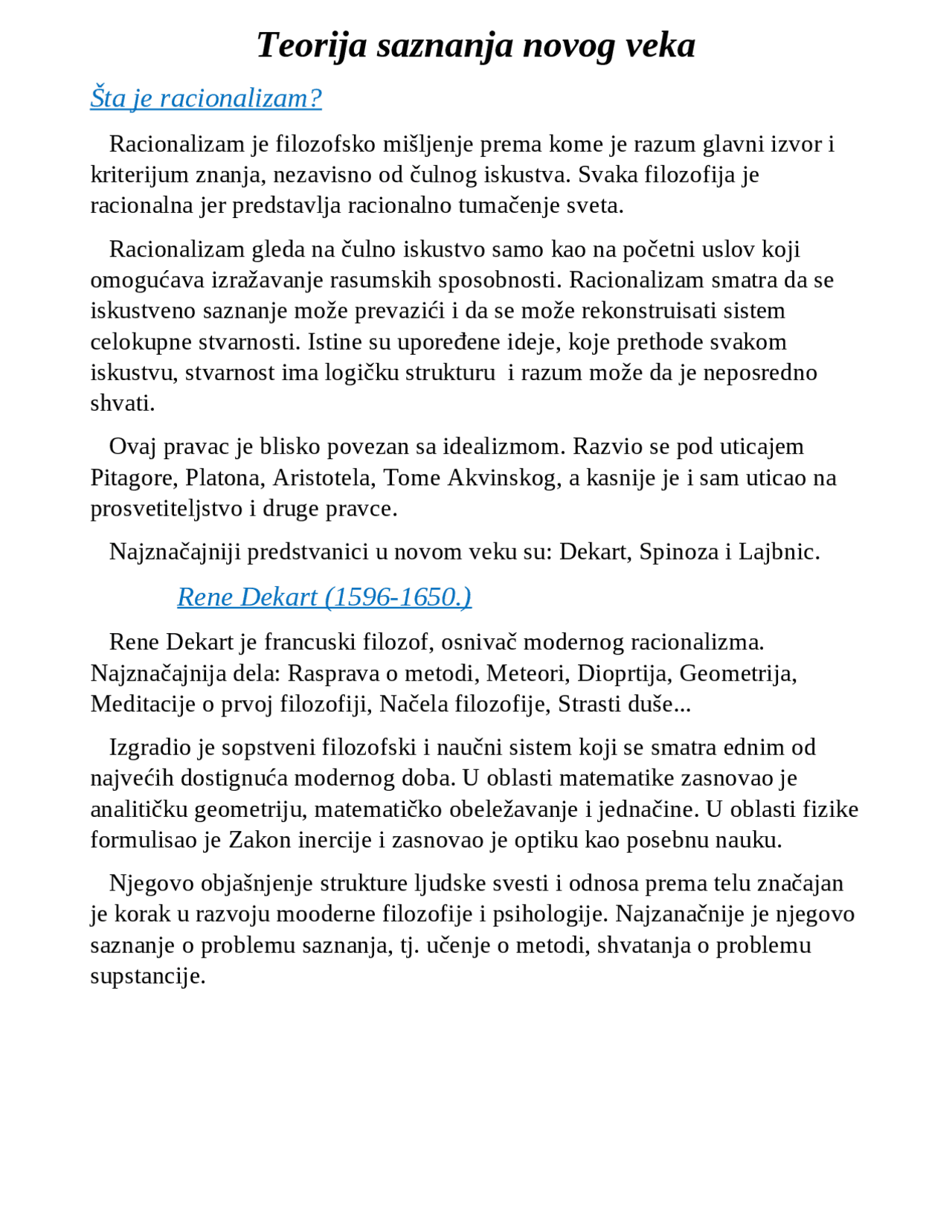 Teorija Saznanja Novog Veka Beleške Predlog Filozofija Docsity