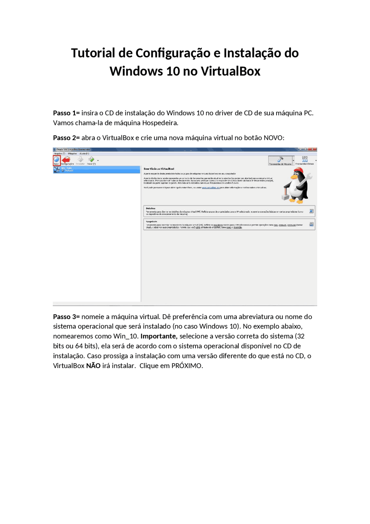 Instalação Windows 10 Máquina Virtual Docsity