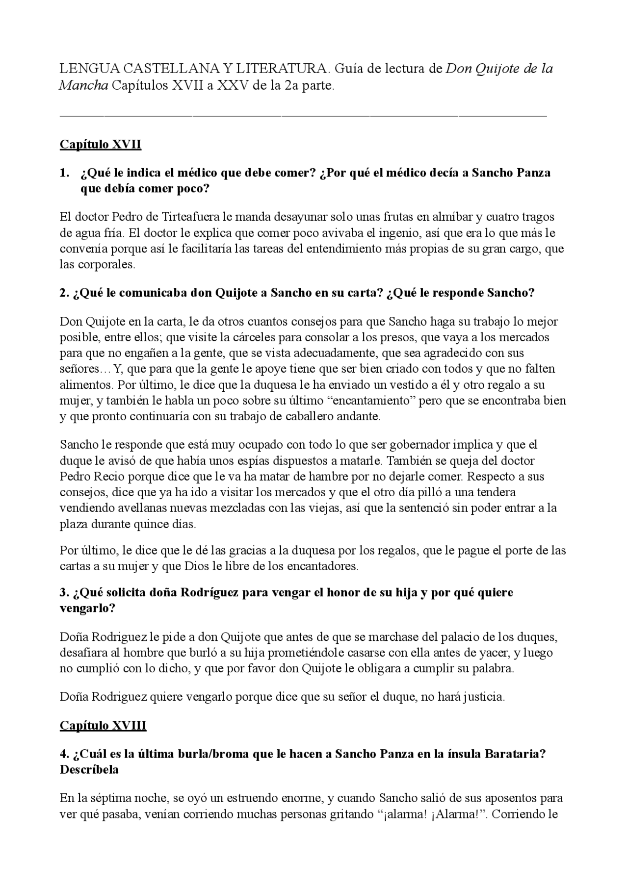 Cuestionario de la Lectura Don Quijote 1º Bachillerato | Ejercicios de ...