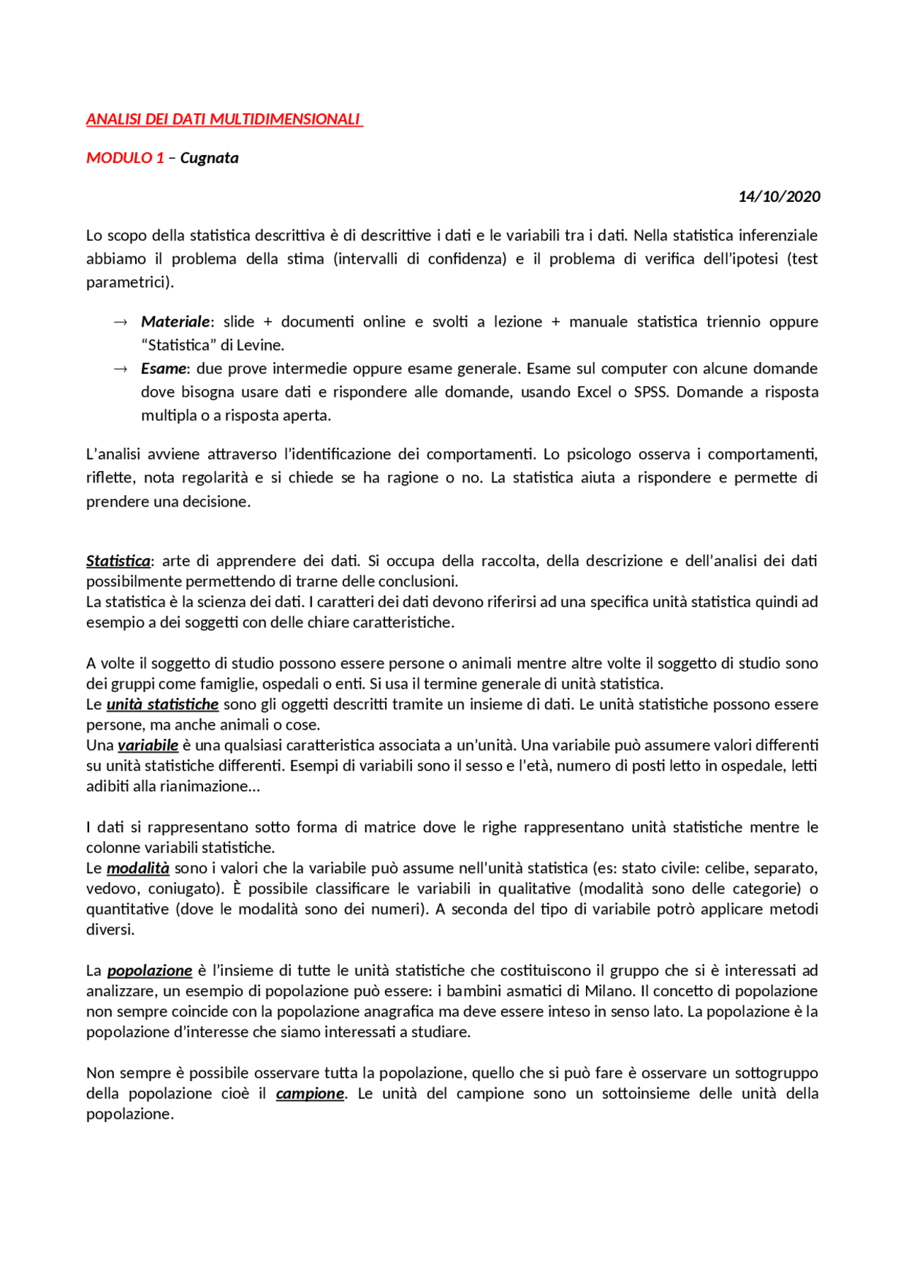 Analisi Dei Dati Multidimensionali Programma Completo Docsity