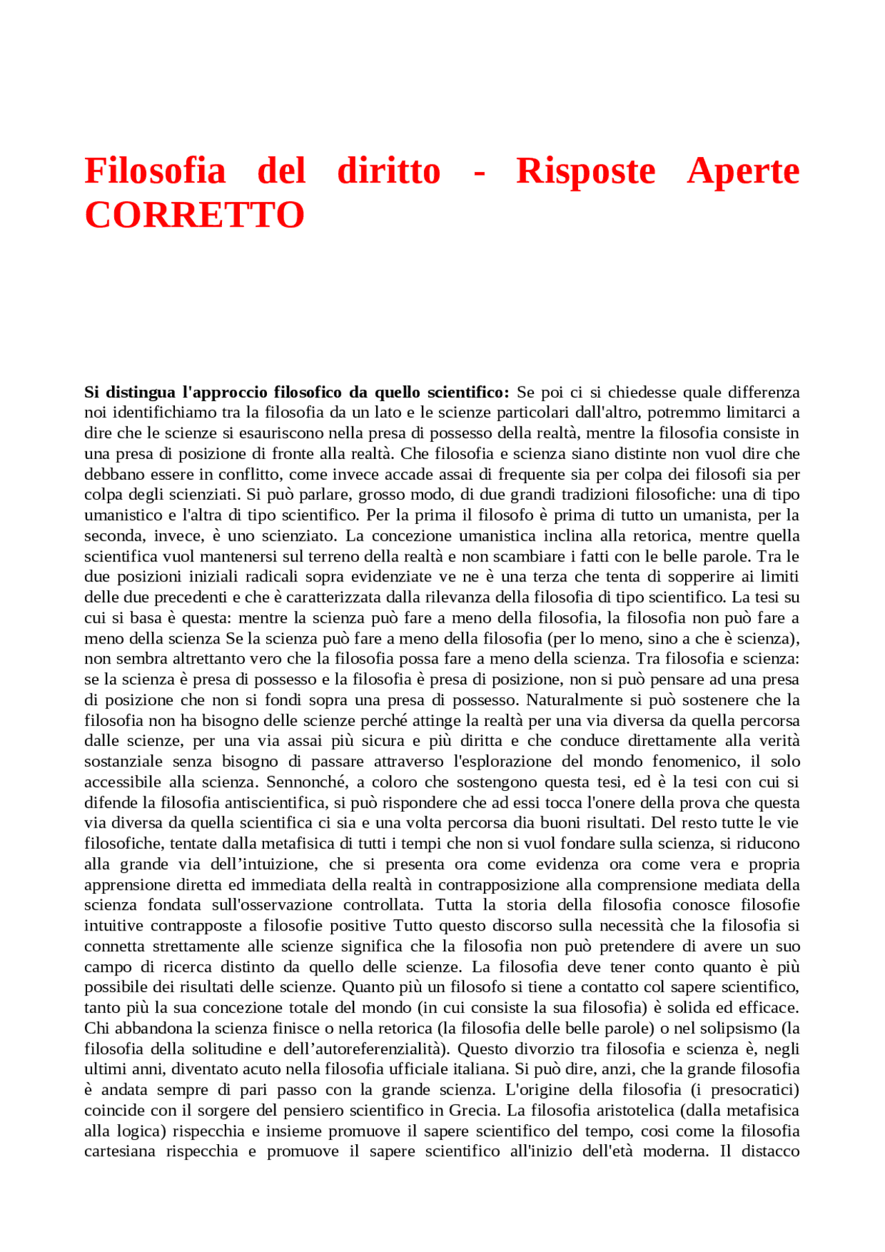 Filosofia del diritto - Risposte Aperte CORRETTO - Docsity