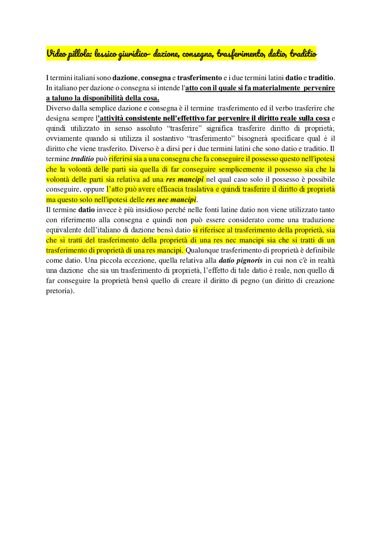 Lessico Giuridico In Diritto Privato Romano Docsity