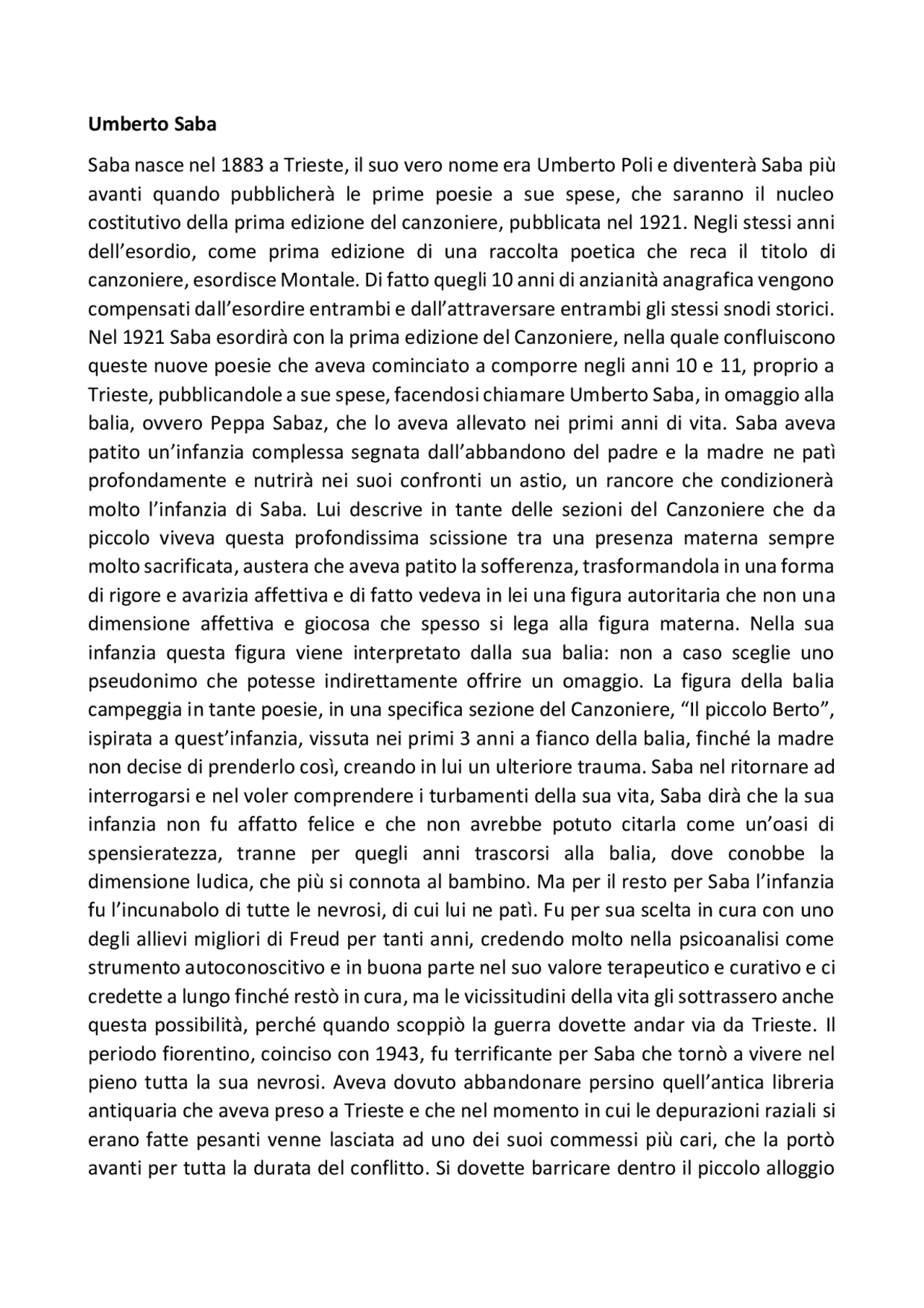 Umberto Saba Vita E Poesie Docsity