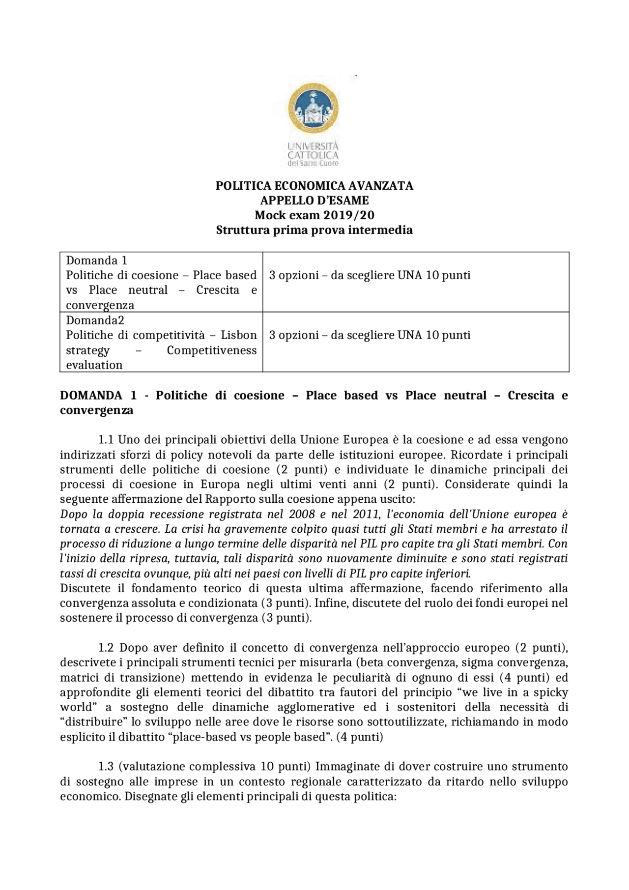 Domande Mock Primo Semestre Docsity