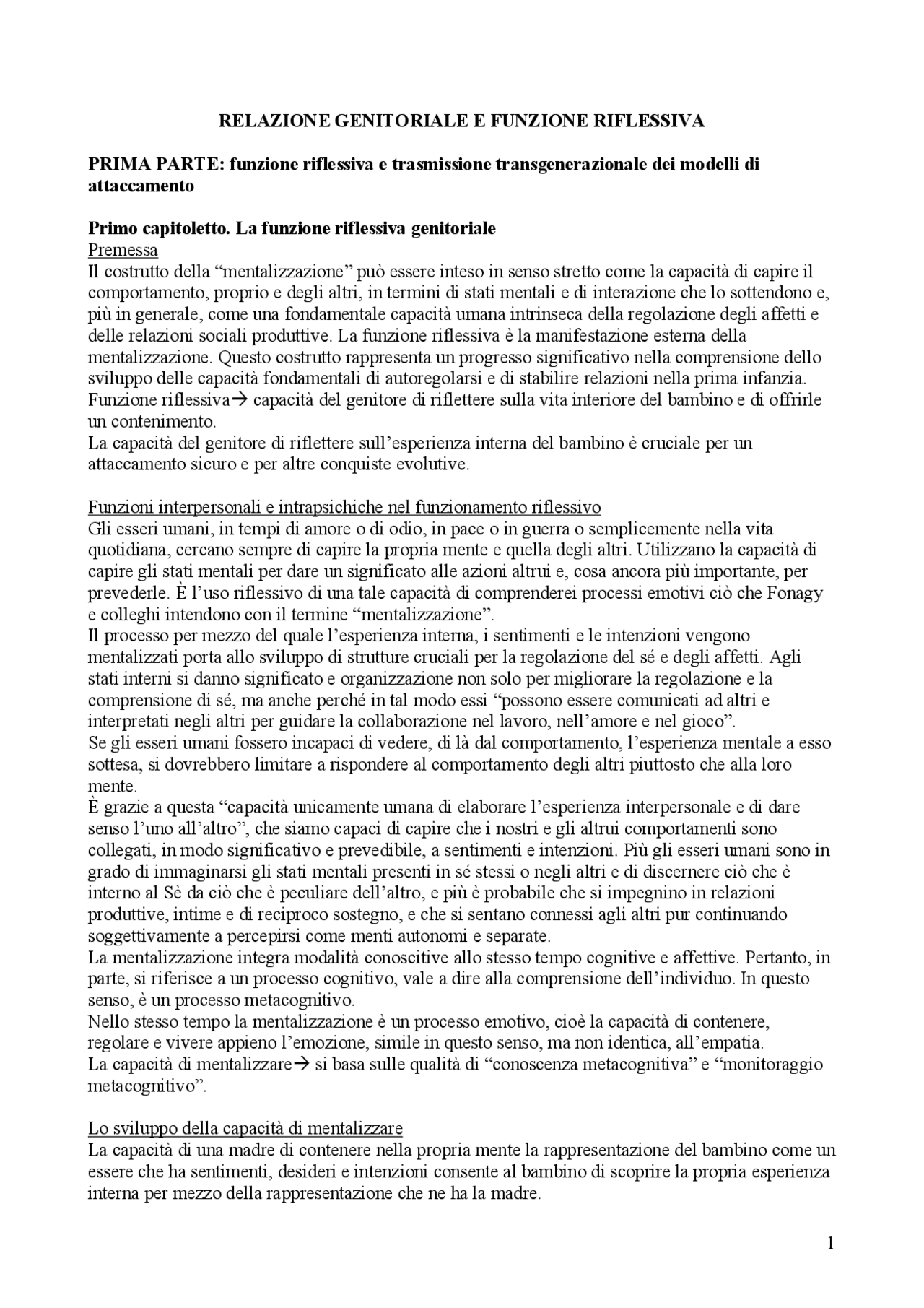 Riassunto Libro Relazione Genitoriale E Funzione Riflessiva Docsity