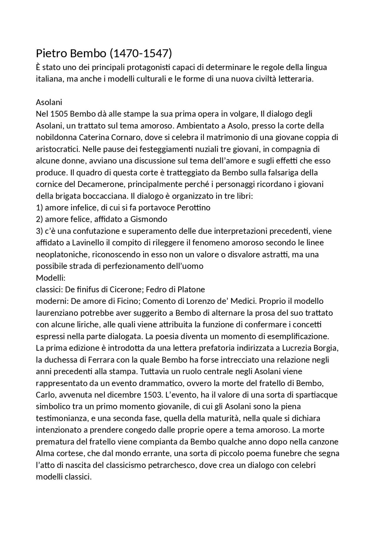 Pietro Bembo Riassunto Facile Docsity