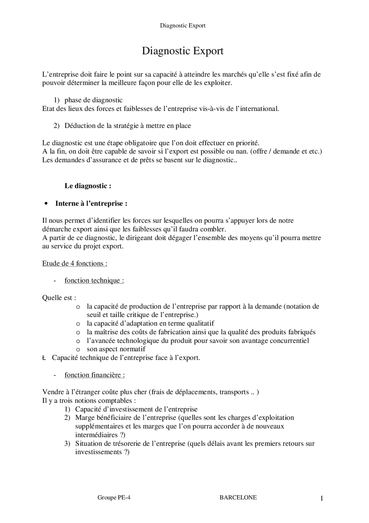 Diagnostic Export - Etude de 4 fonctions - Docsity