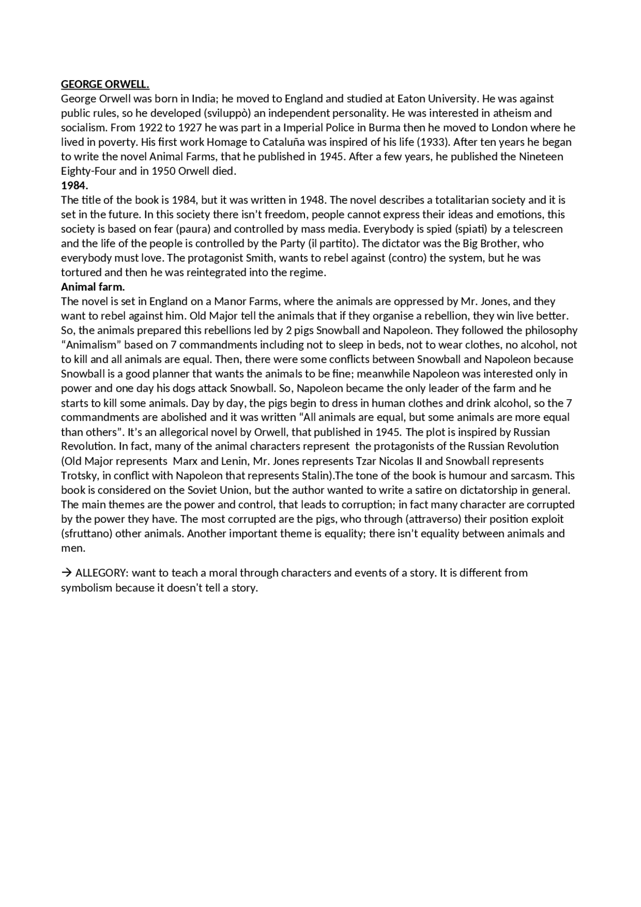 George Orwell, The 1984 e Animal Farm. - Docsity