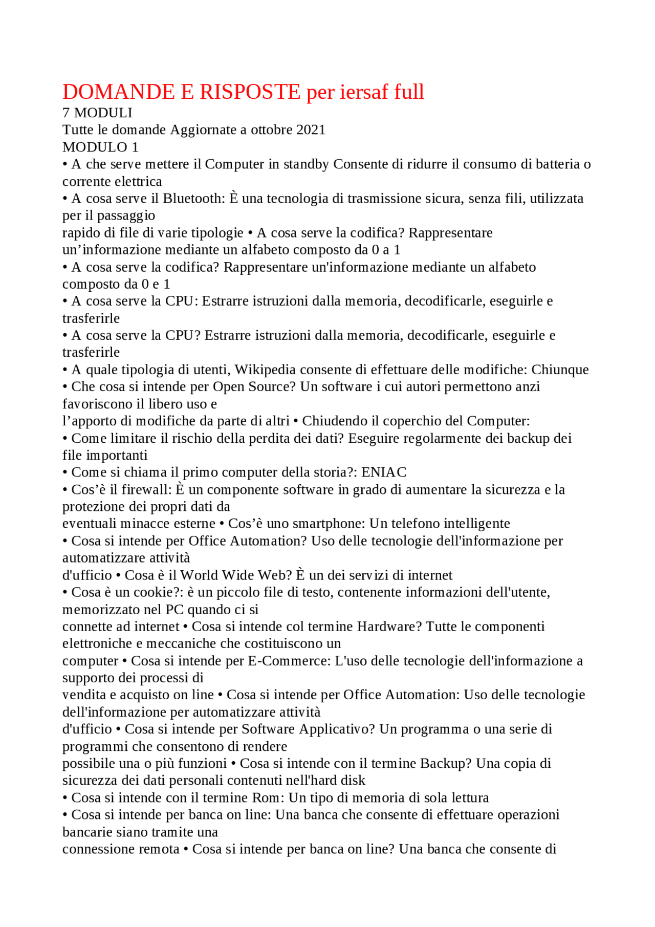 Eirsaf full domande e risposte 2021... | Panieri di Reti informatiche | Docsity