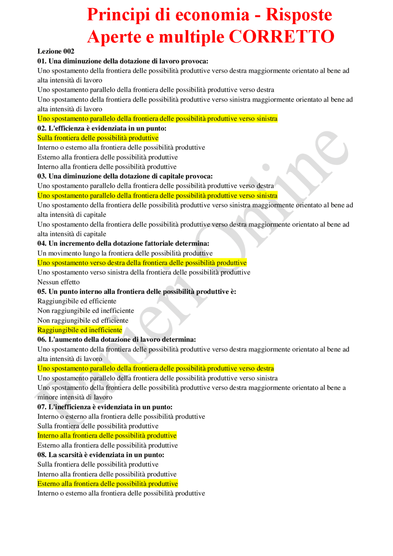 Principi Di Economia Risposte Aperte E Multiple Corretto Docsity
