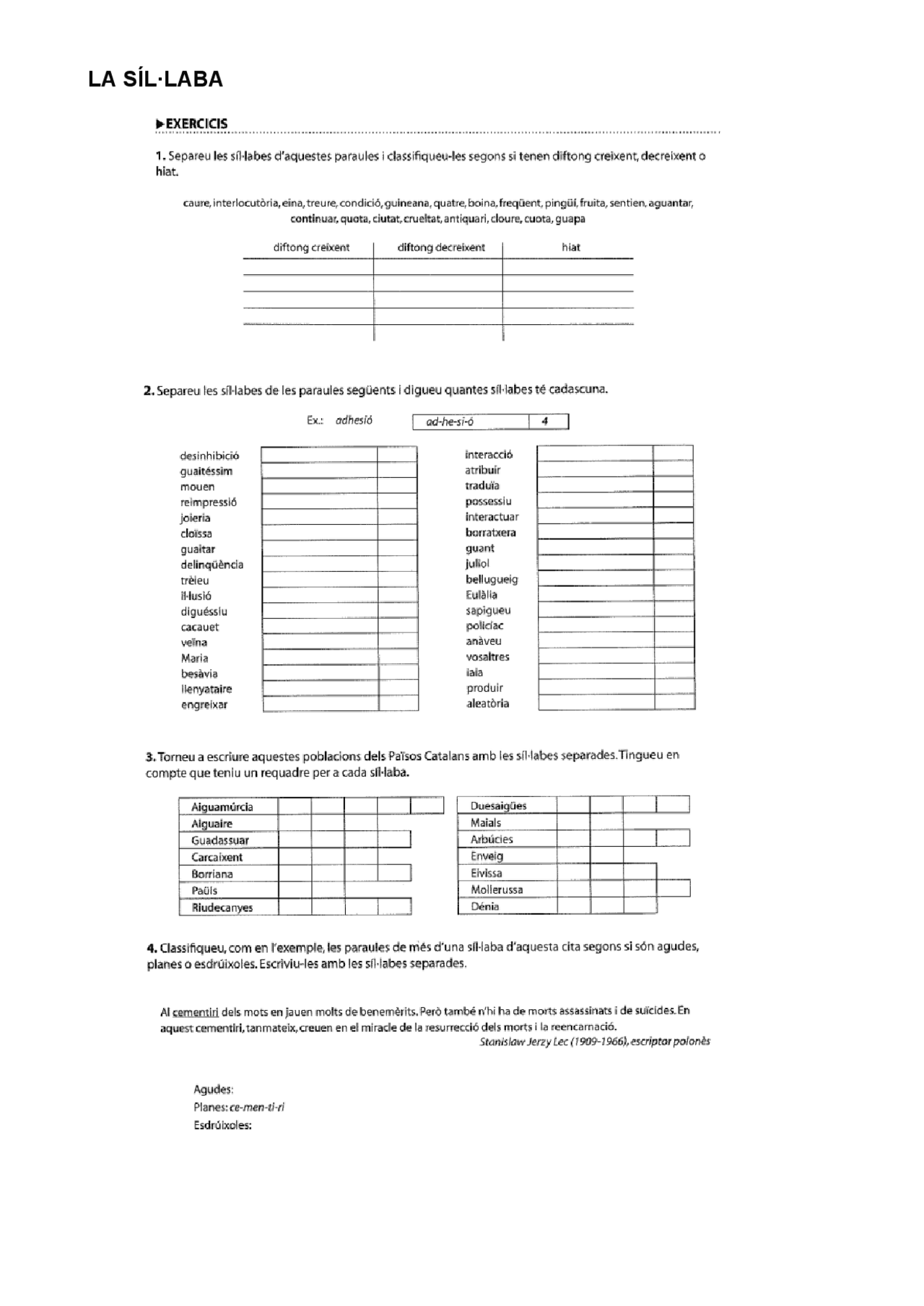 Separación Silábica De Catalán Ejercicios De Catalán Docsity