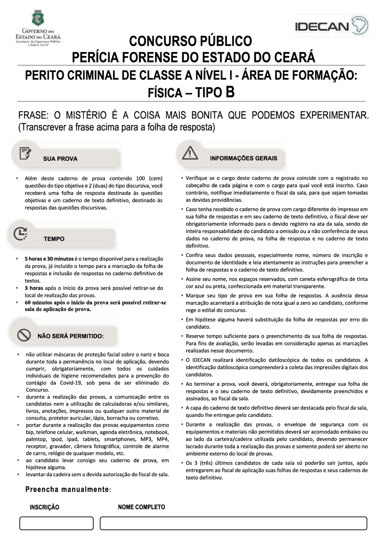 Prova passada IDECAN Física IFPB - Docsity