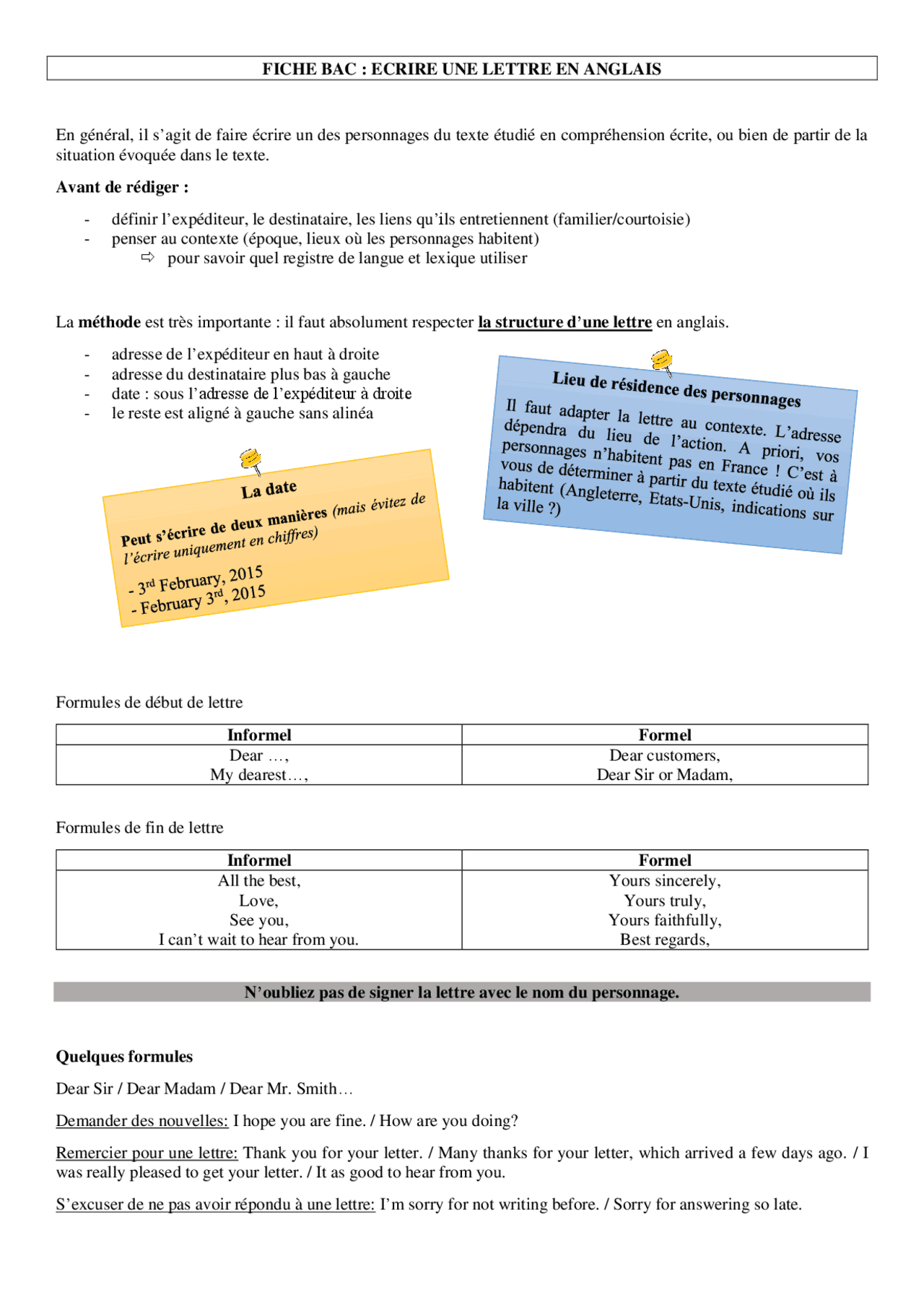Fiche Bac Ecrire Une Lettre En Anglais Docsity