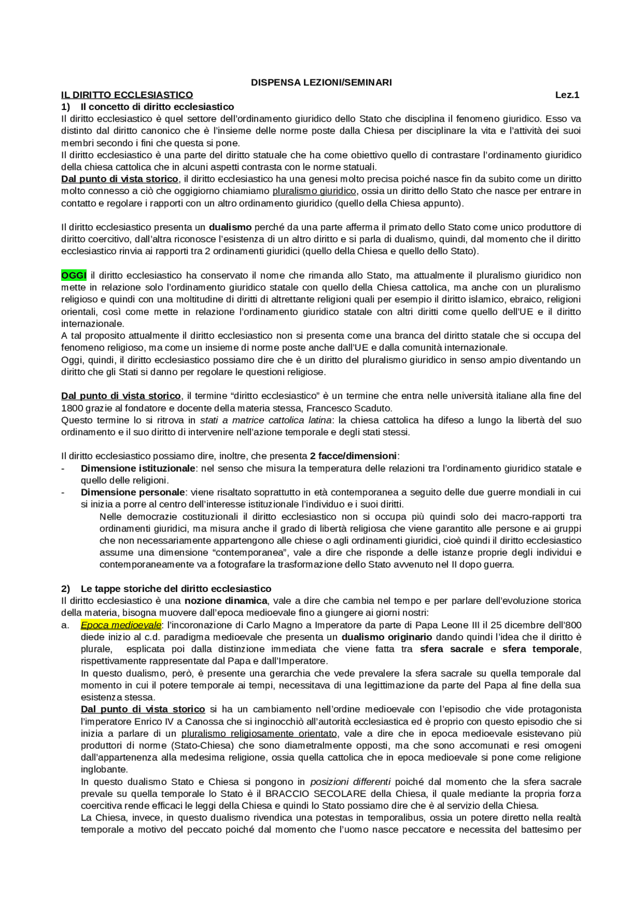 Dispensa Lezioni Diritto Ecclesiastico Docsity