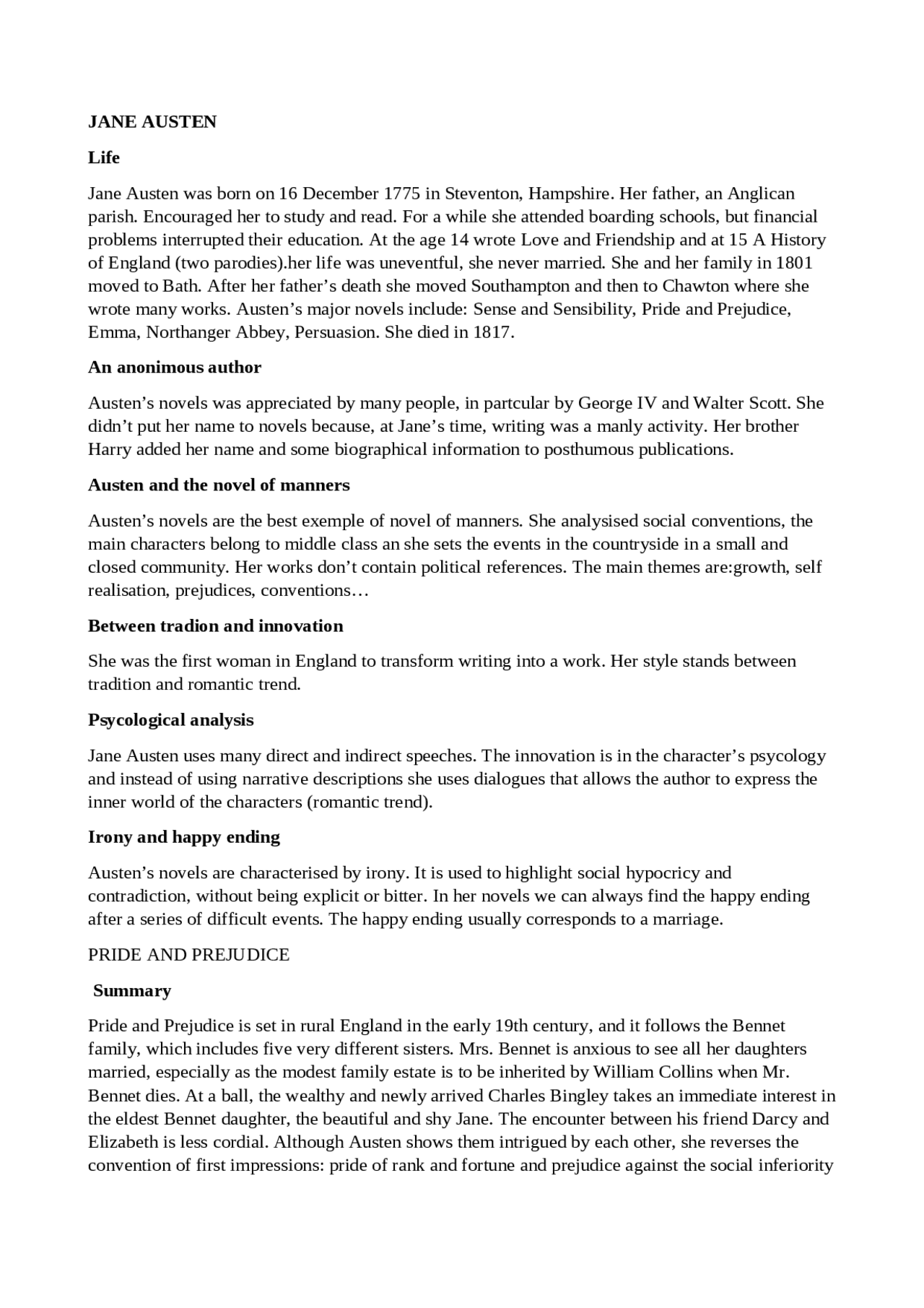 Jane Austin biografia - Docsity