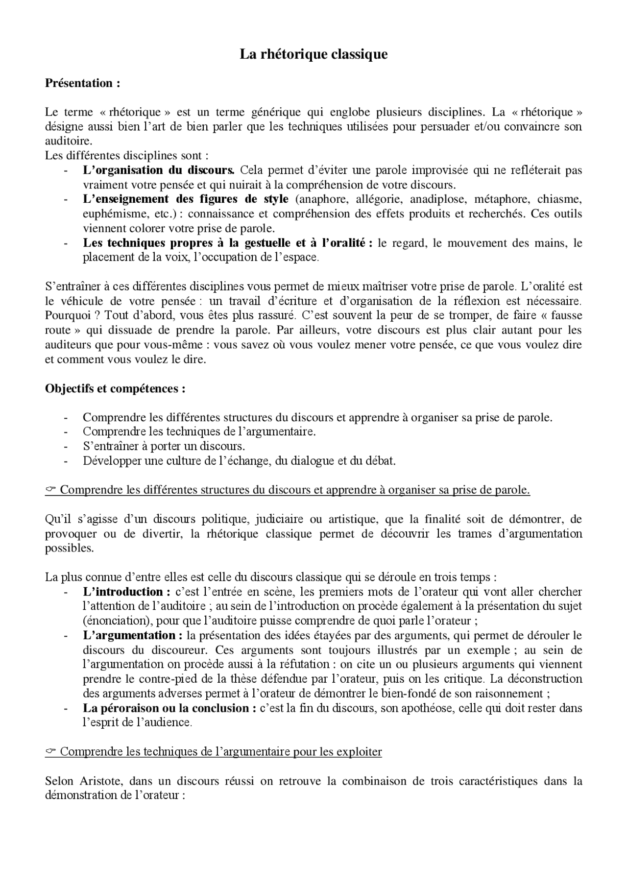 La Rhétorique Classique Exercices Dentraînement Docsity