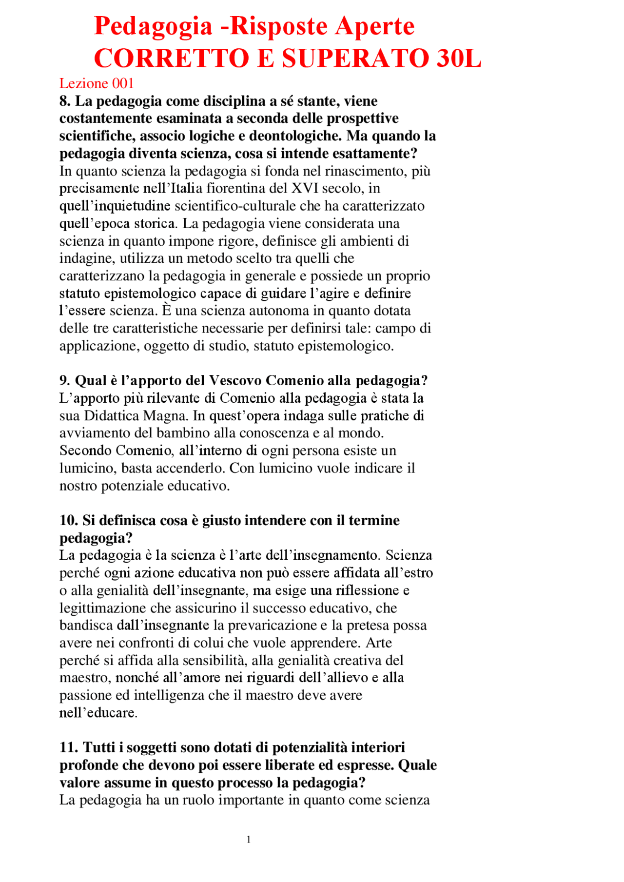 Pedagogia Risposte Aperte Corretto E Superato 30l Docsity
