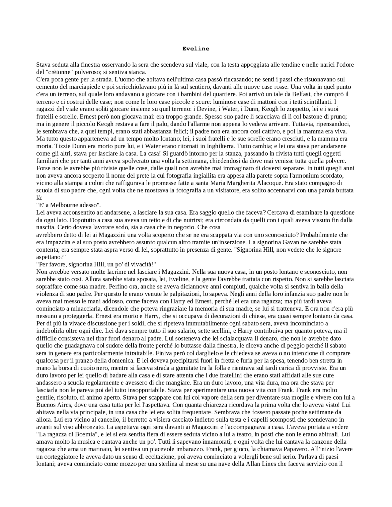 Eveline The Dubliners Di James Joyce Docsity
