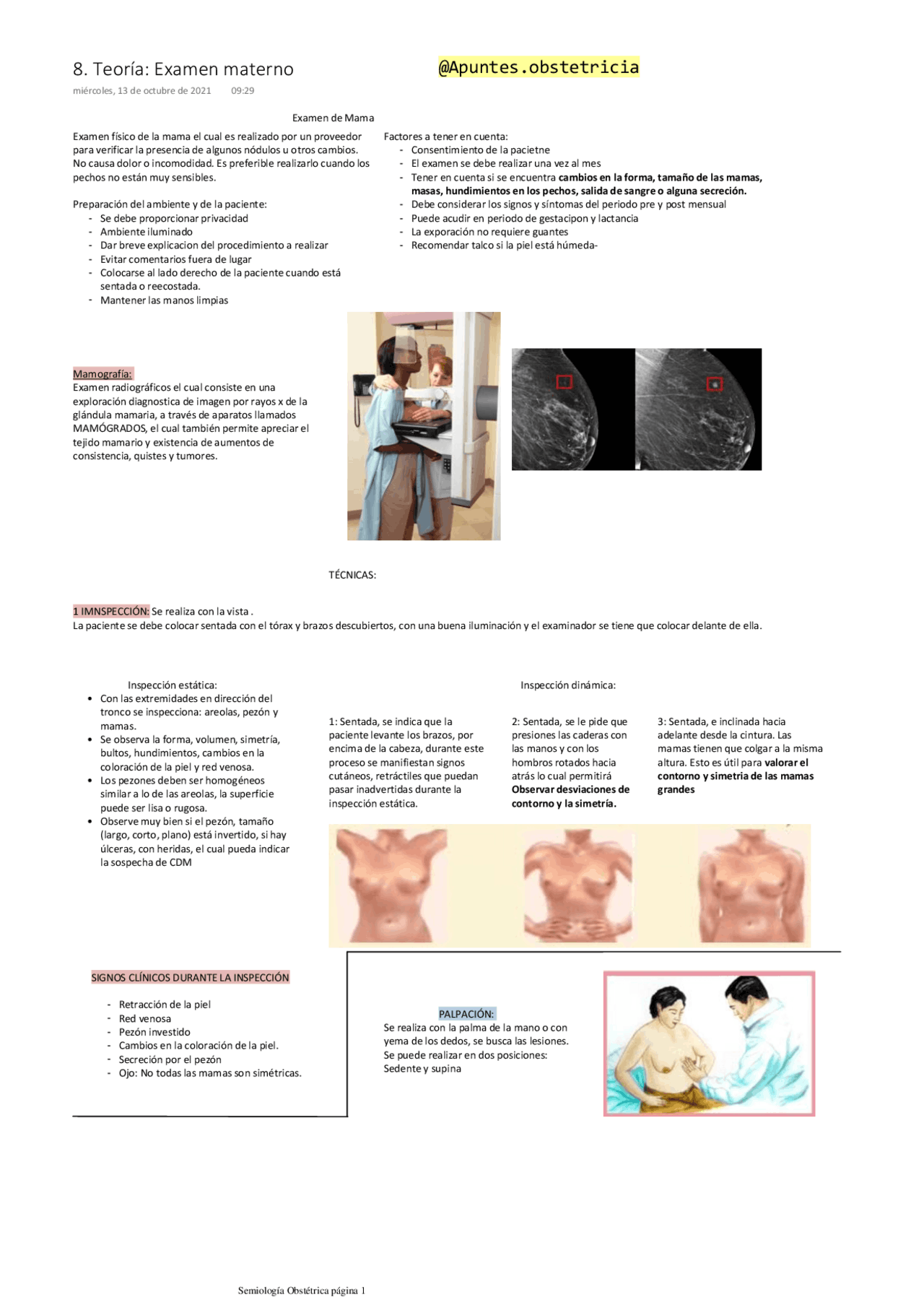 Examen de mama - Obstetricia - Docsity