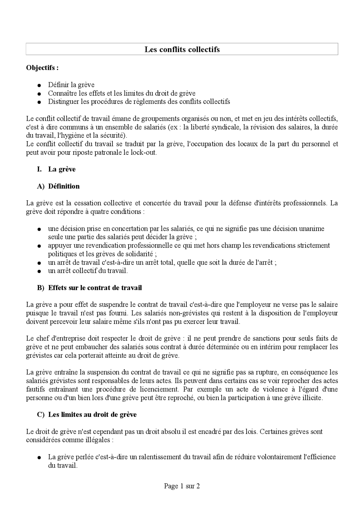 Bac Droit: Les conflits collectifs - Docsity