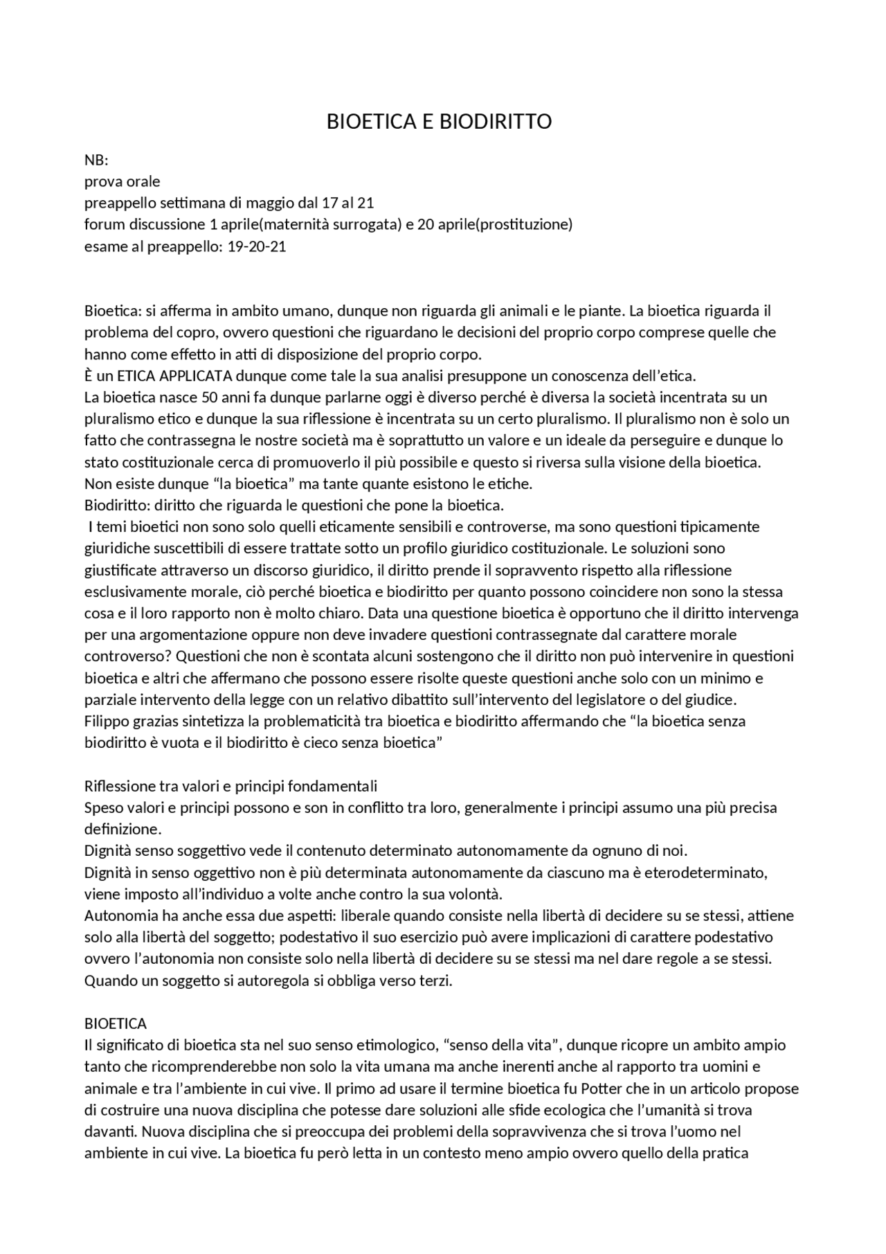 Bioetica E Biodiritto Appunti Di Lezione Docsity
