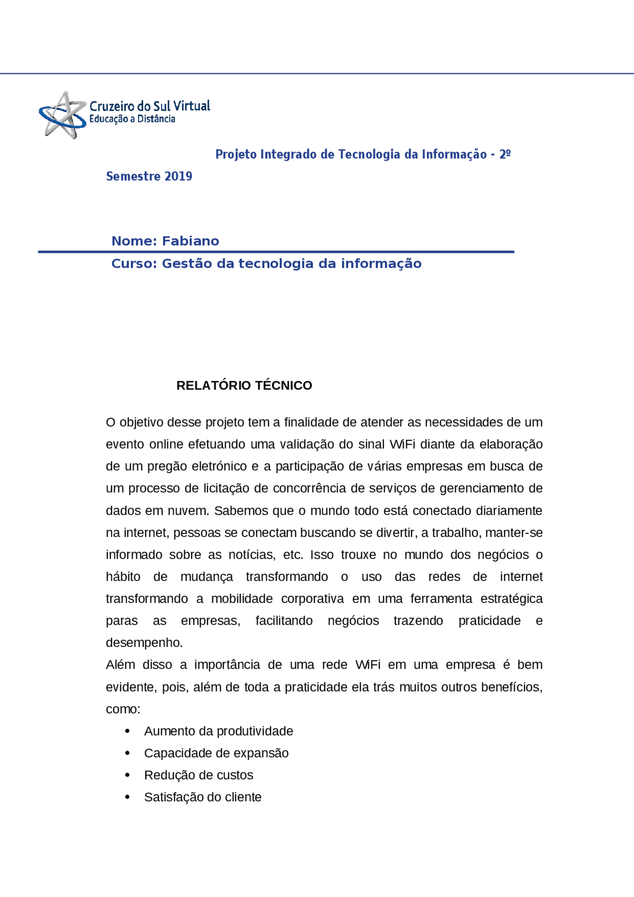 Projeto Integrado De Tecnologia Da Informação Docsity
