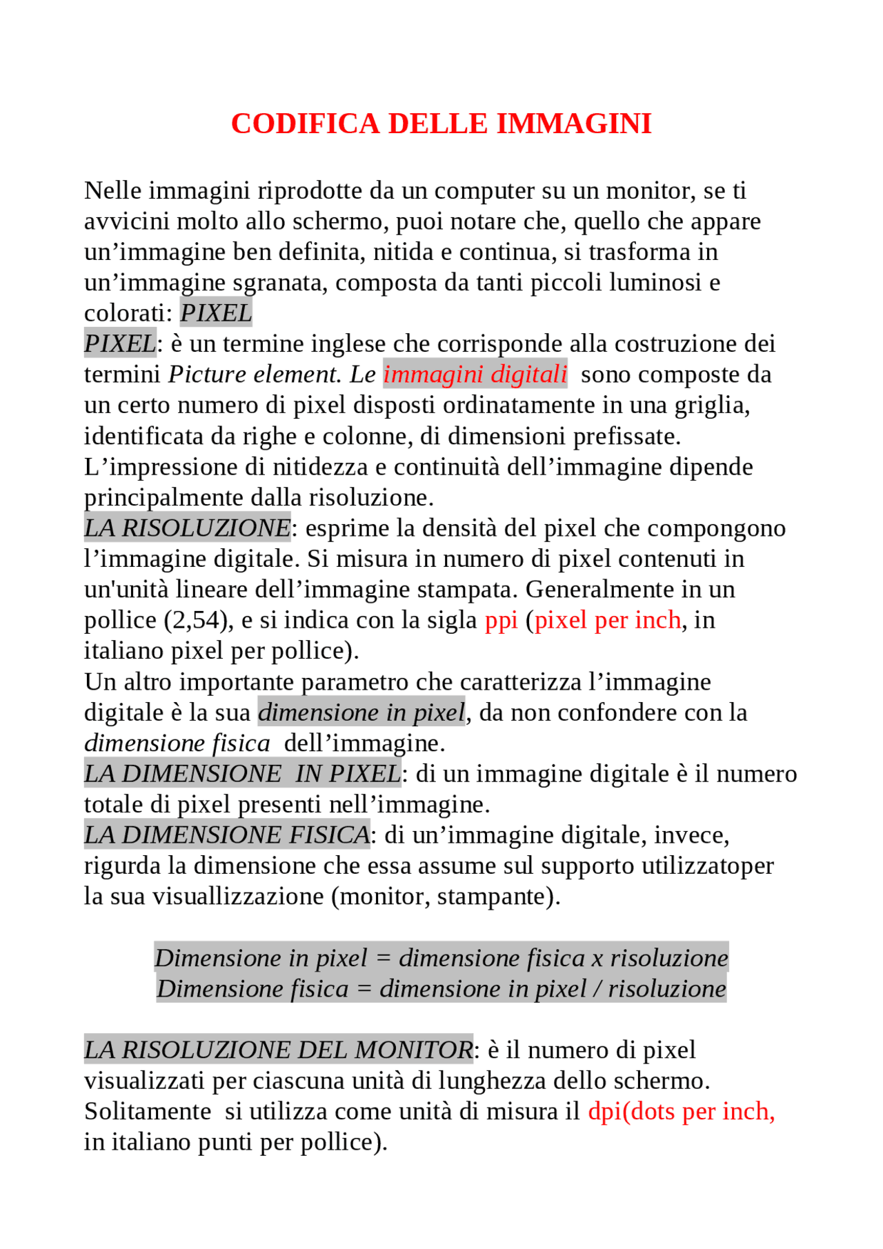 Codifica delle immagini | Schemi e mappe concettuali di Informatica | Docsity