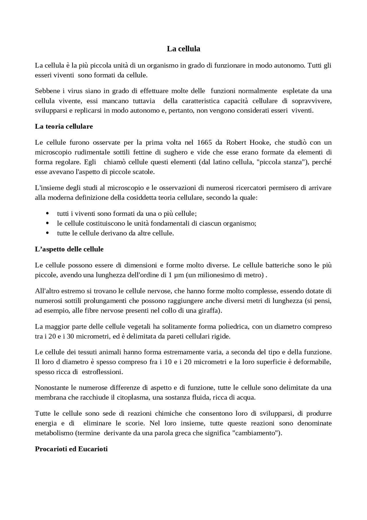 La Cellula Riassunto In Breve Docsity