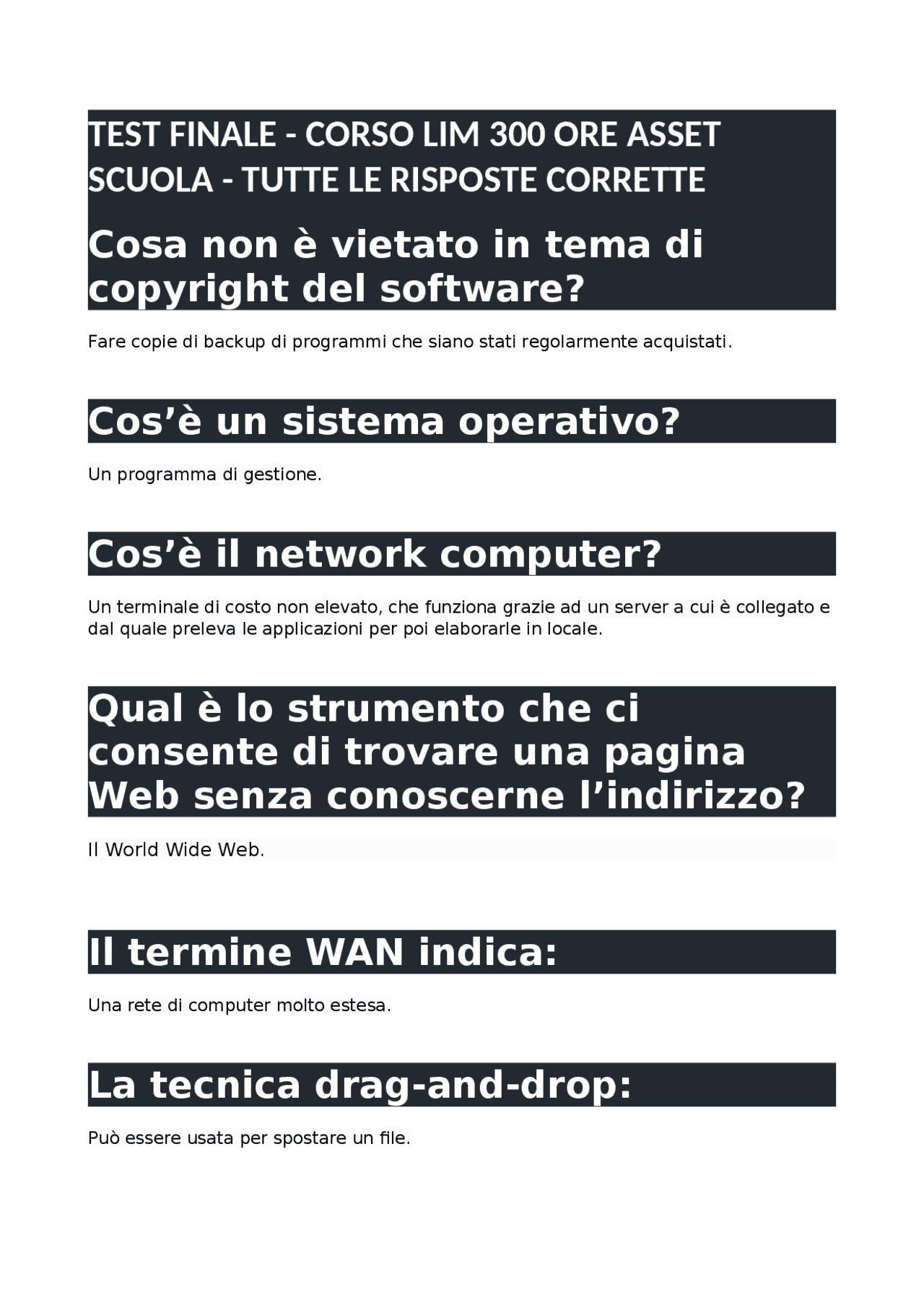 TEST FINALE - CORSO LIM 300 ORE ASSET SCUOLA - TUTTE LE RISPOSTE ...