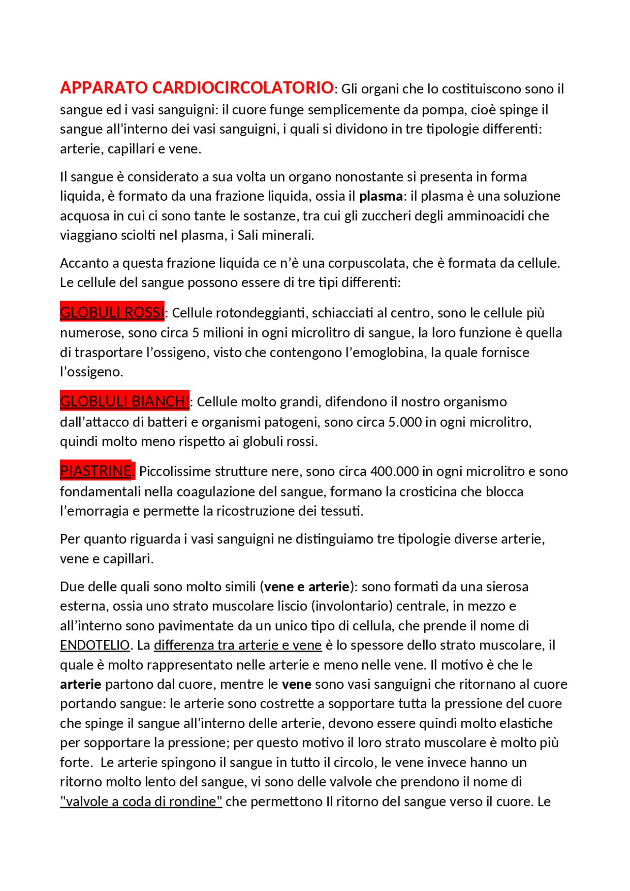 Apparato Cardio Circolatorio Docsity