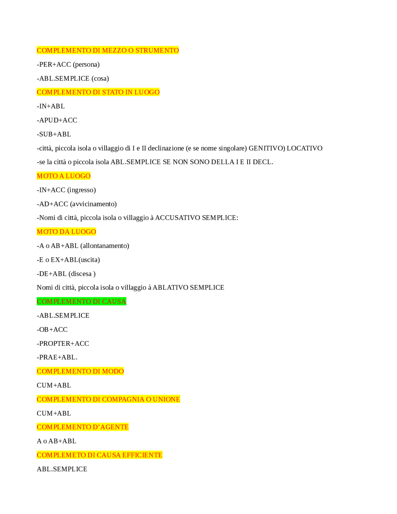 Complementi principali latino - Docsity