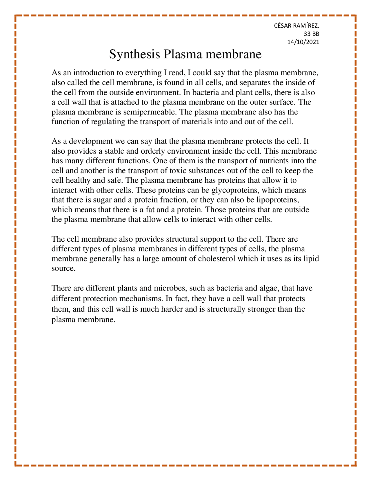Synthesis Plasma membrane - Docsity