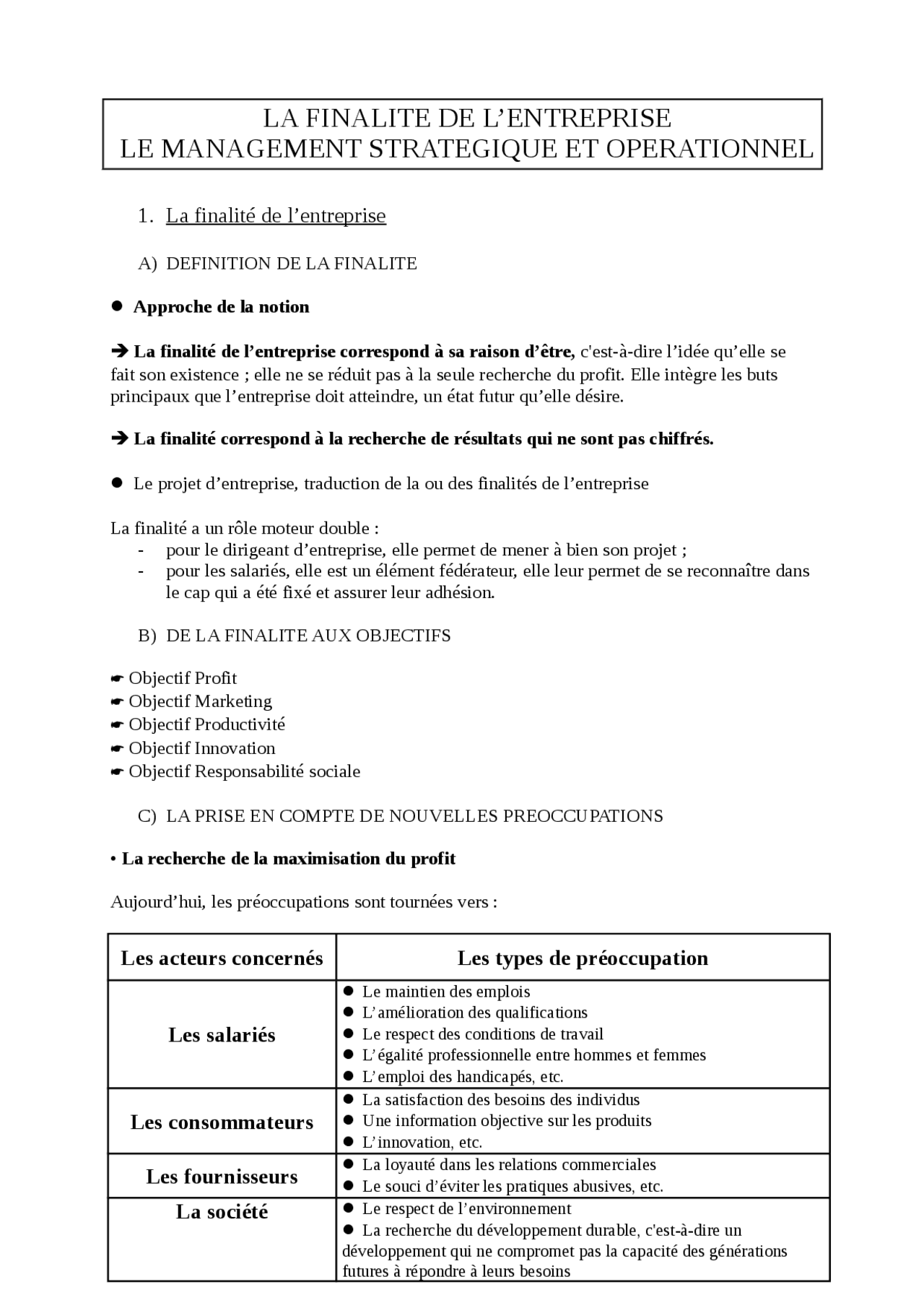LA FINALITE DE L’ENTREPRISE et LE MANAGEMENT STRATEGIQUE ET ...