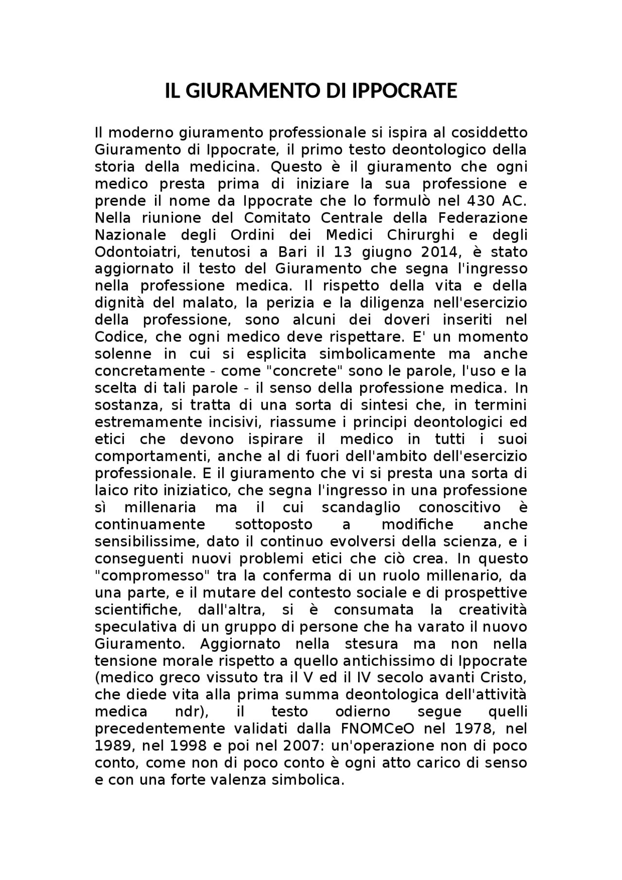 Il giuramento di Ippocrate - Docsity