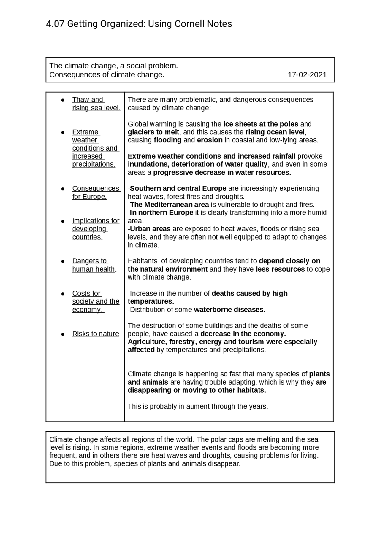 The climate change using Cornell notes | Assignments Biology - Docsity