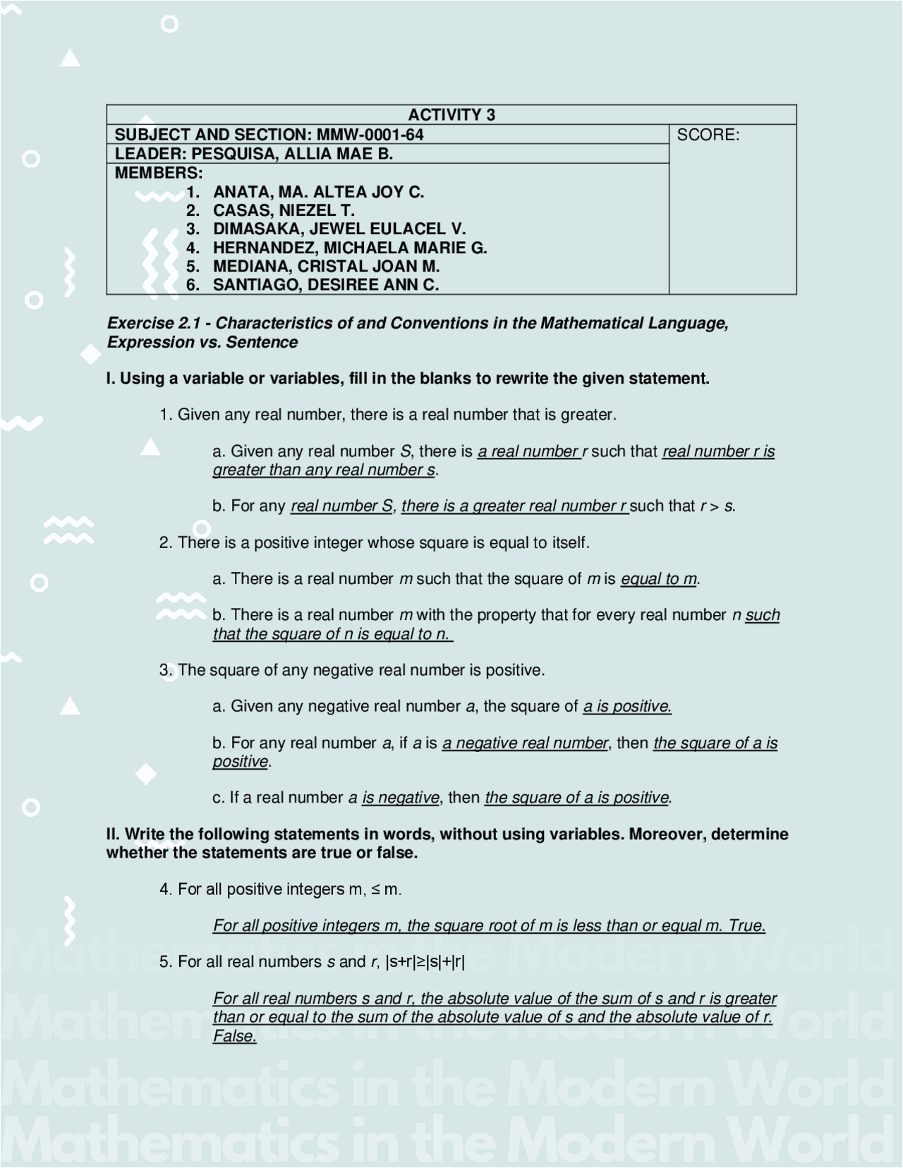 Characteristics of and Conventions in the Mathematical Language ...