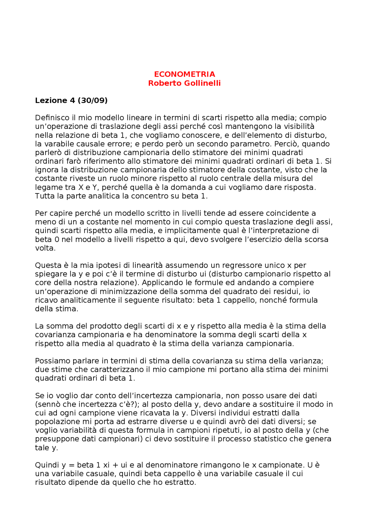 Econometria Appunti Roberto Golinelli Appunti Di Econometria Docsity