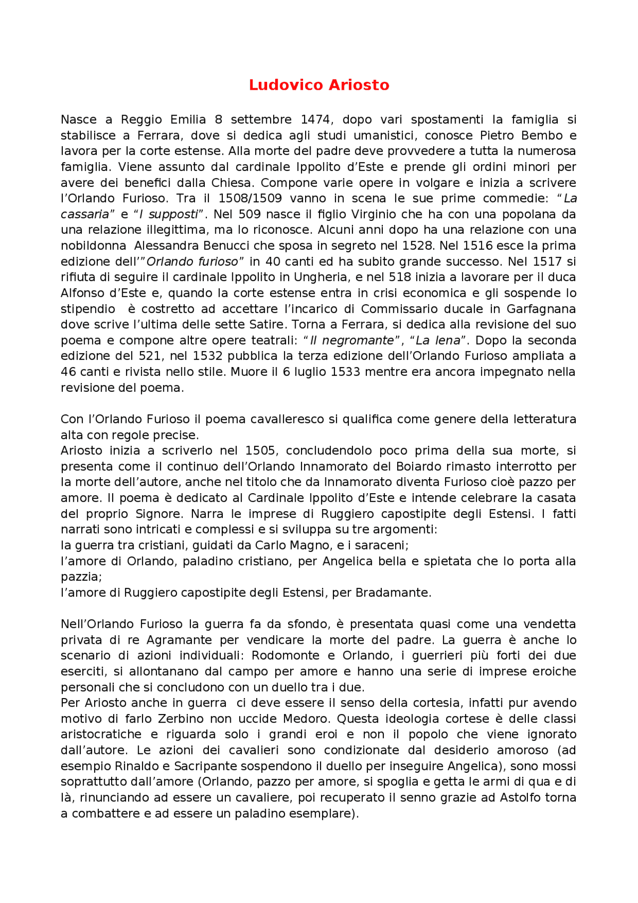 Riassunto Ludovico Ariosto Docsity