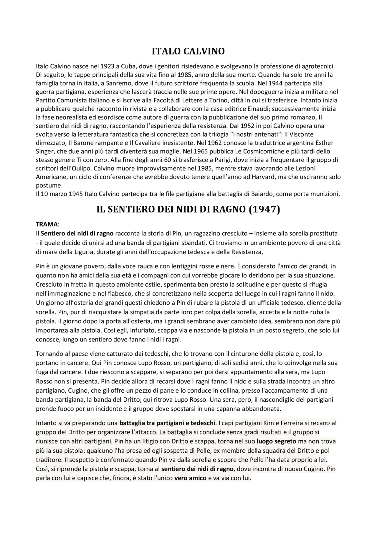 Italo Calvino Il Sentiero Dei Nidi Di Ragno Docsity