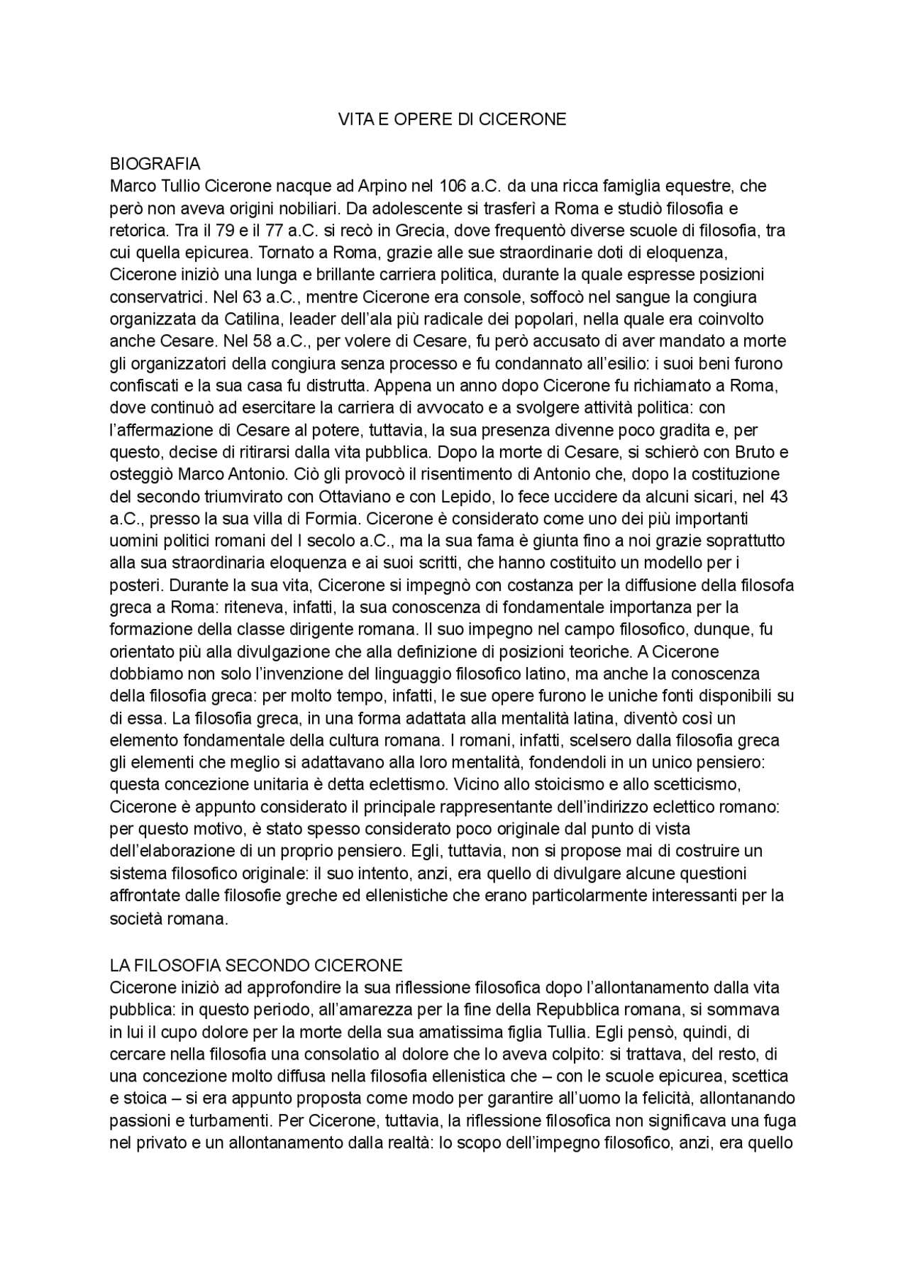 Vita E Opere Di Cicerone Docsity