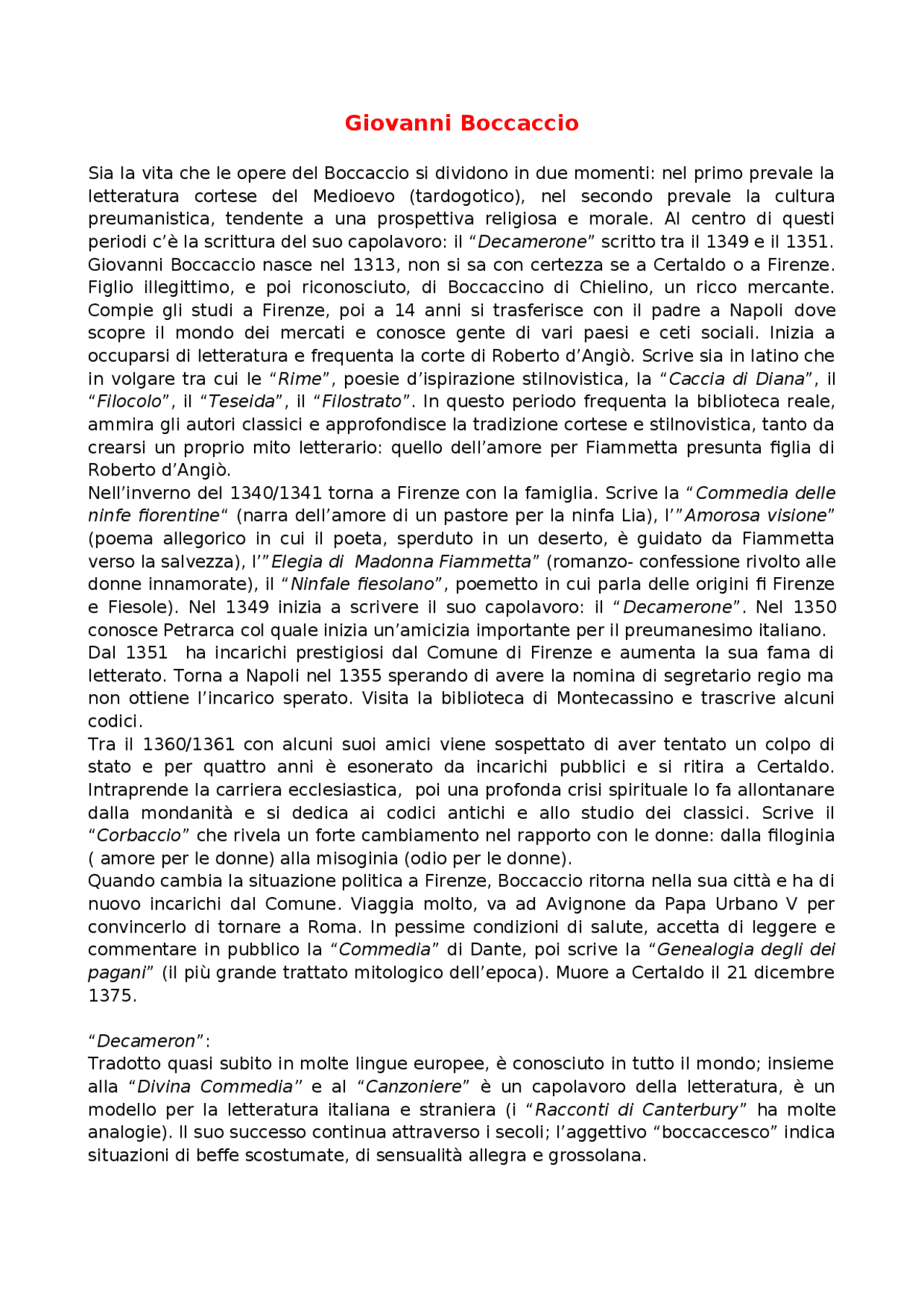 Riassunto Giovanni Boccaccio Docsity