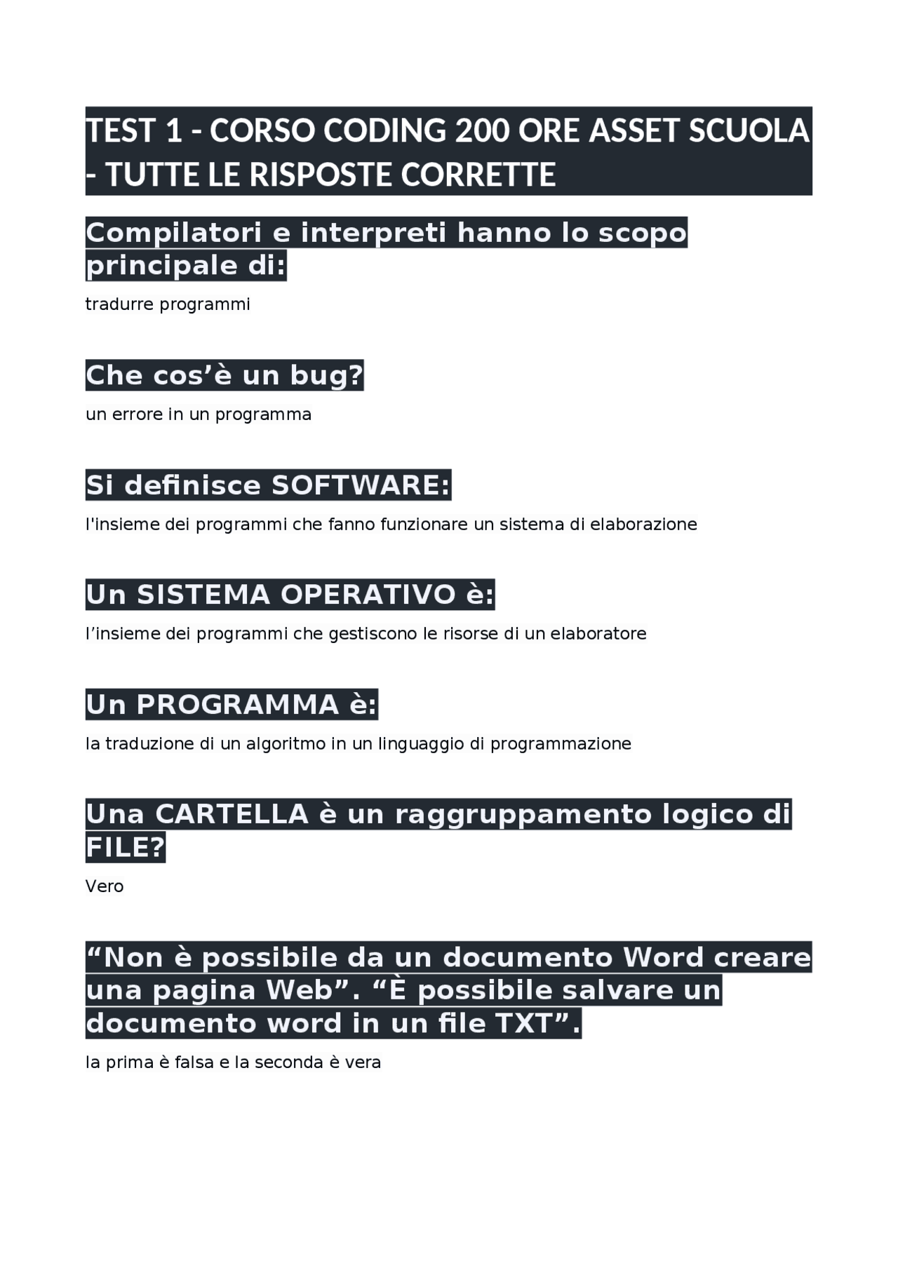 Test 1 Corso Coding 200 Ore Asset Scuola Tutte Le Risposte Corrette