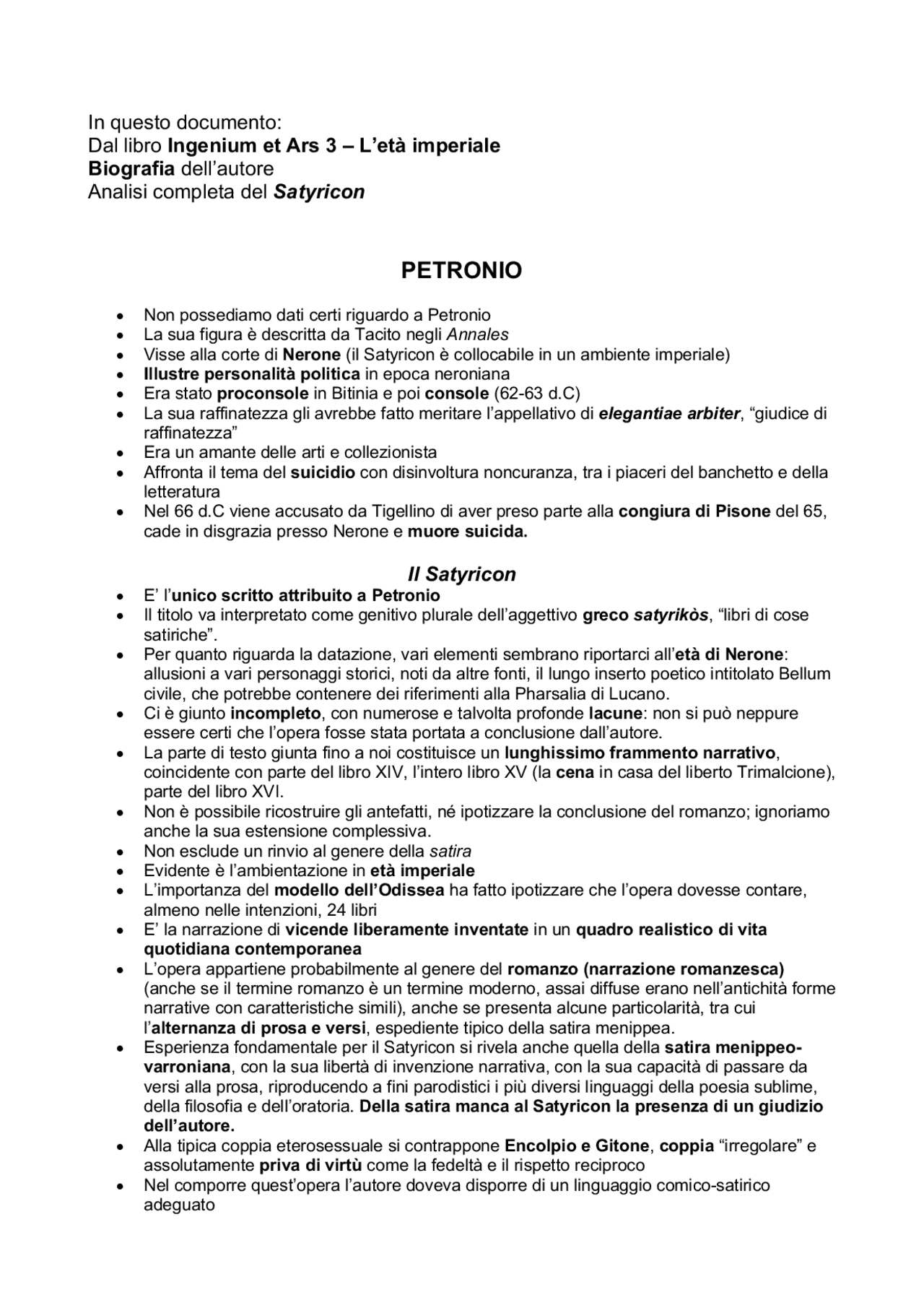 PETRONIO - biografia e analisi del Satyricon - Docsity